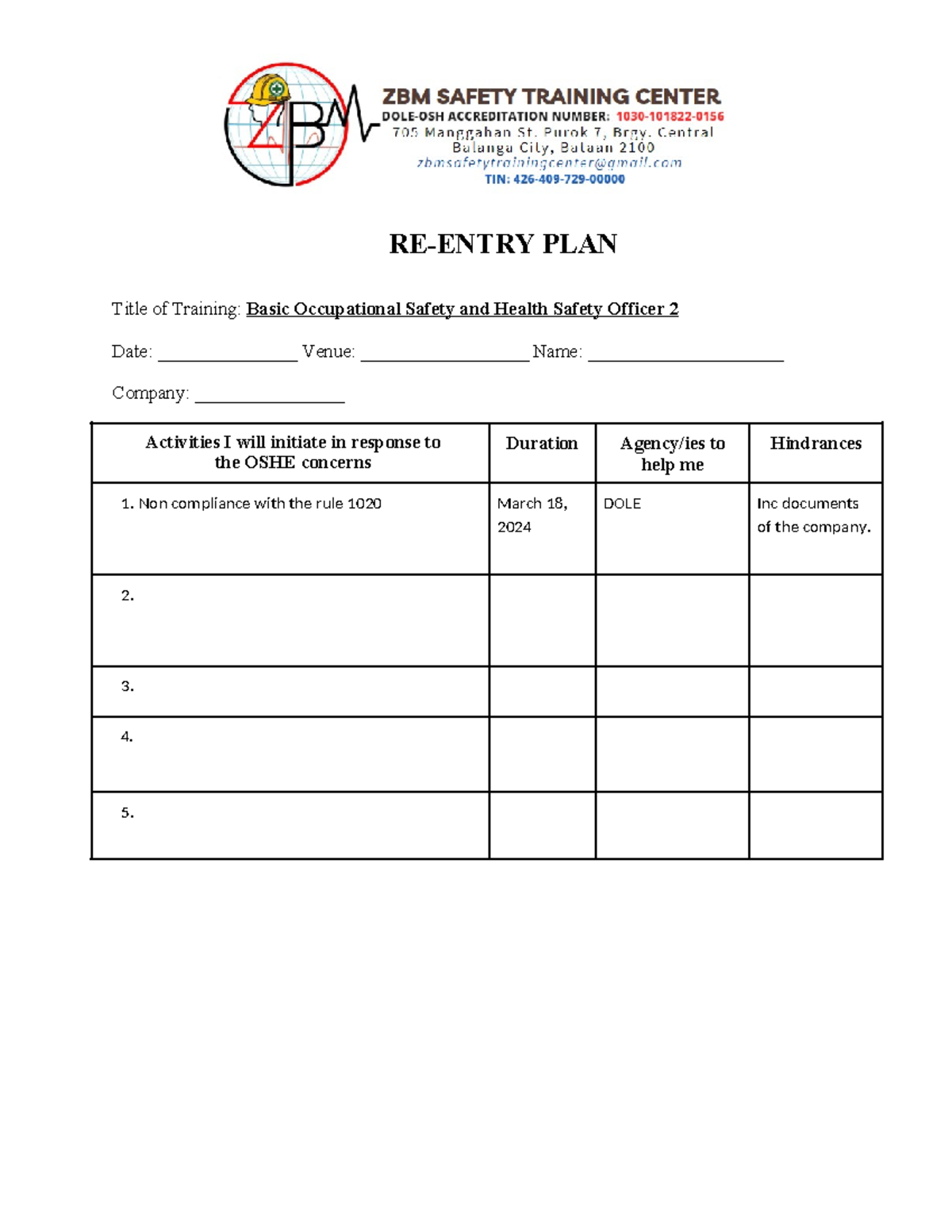 RE- Entry PLAN Form BOSH SO2 - Civil Engineering - RE-ENTRY PLAN Title ...