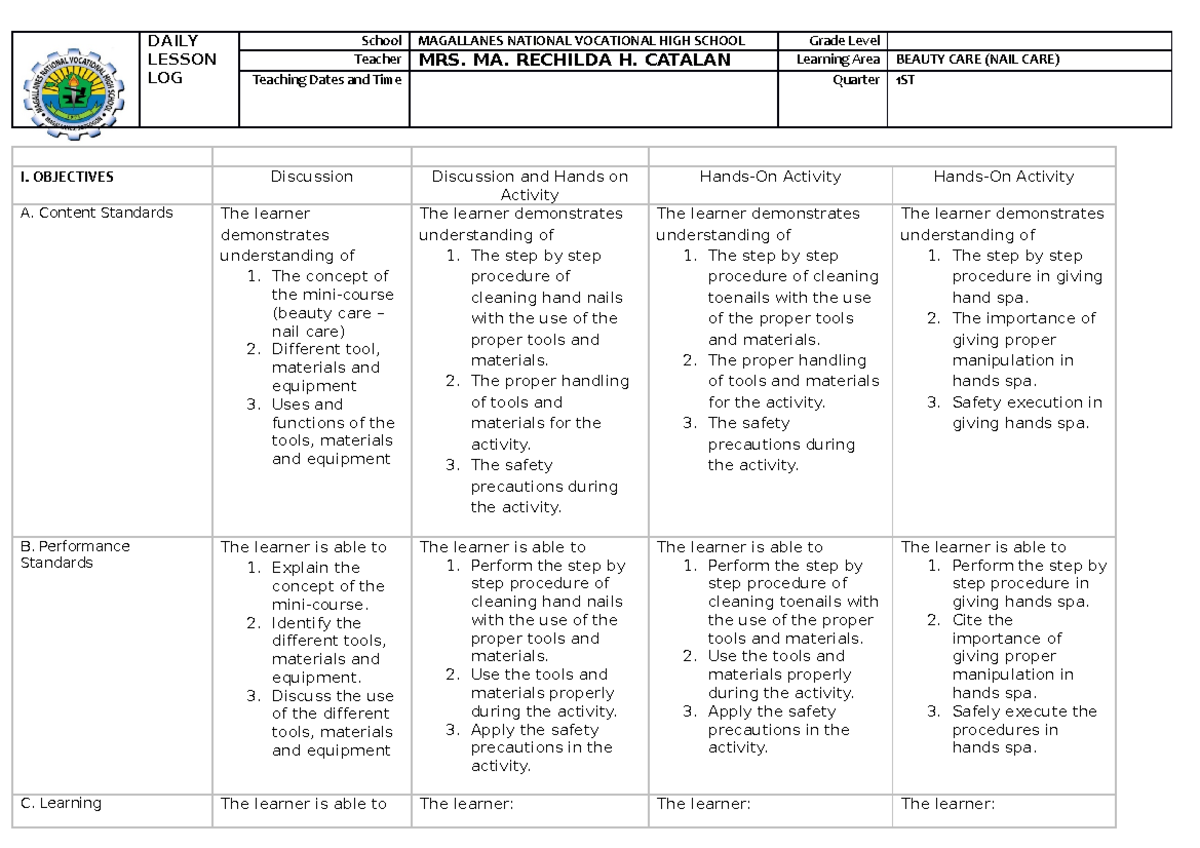 Daily Lesson Log sample - DAILY LESSON LOG School MAGALLANES NATIONAL ...