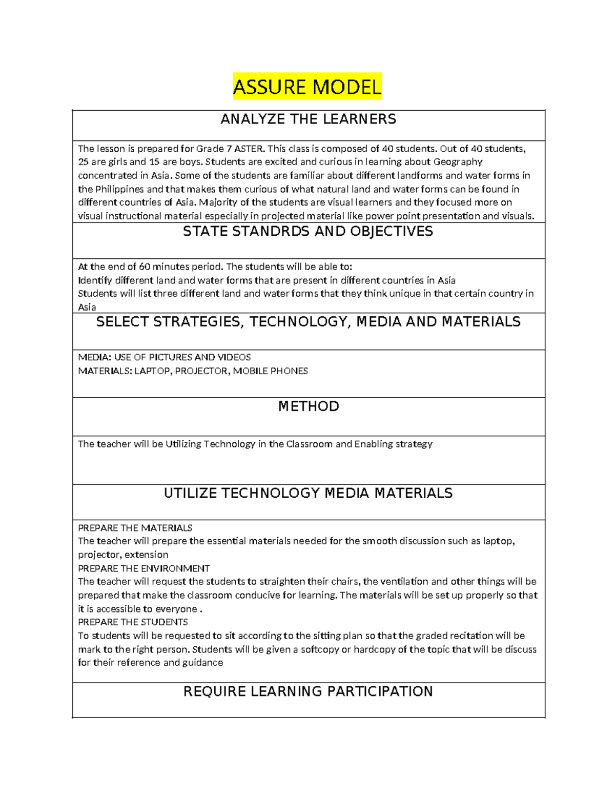 ASSURE MODEL: Analyzing Learners in Grade 7 Geography Class - Studocu
