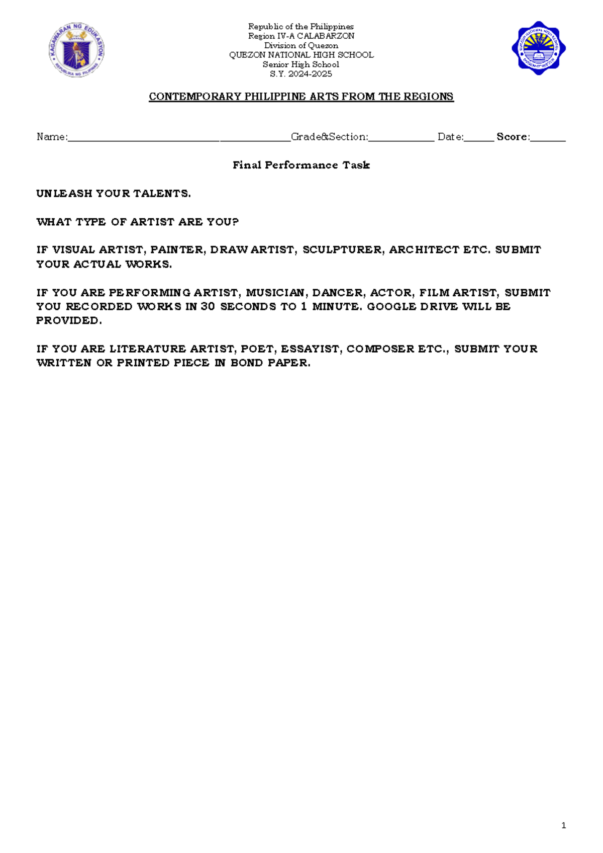 CPAR Performance TASK Final - 1 Republic of the Philippines Region IV-A CALABARZON Division of ...