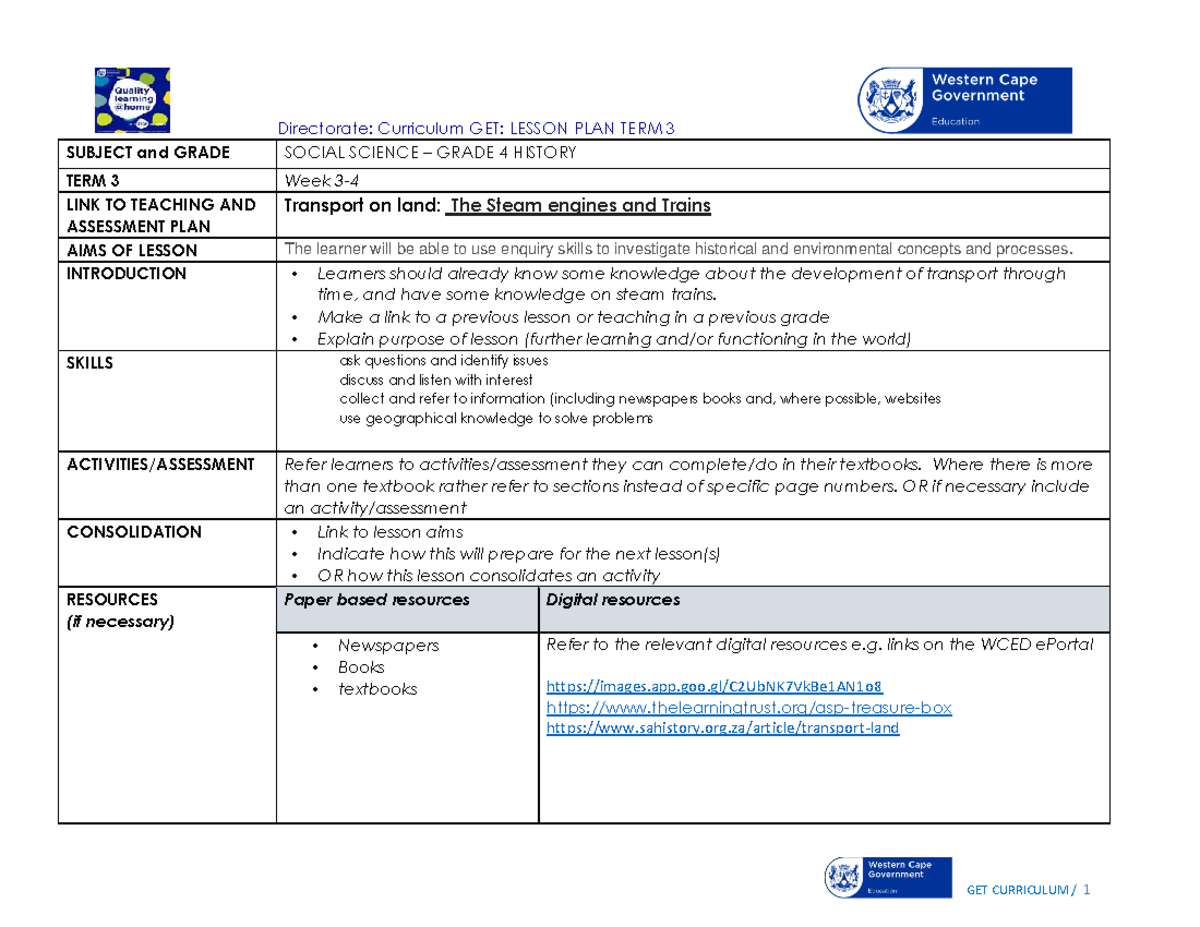 Lesson Plan: Grade 4 Social Science History T3 - Transport Evolution ...