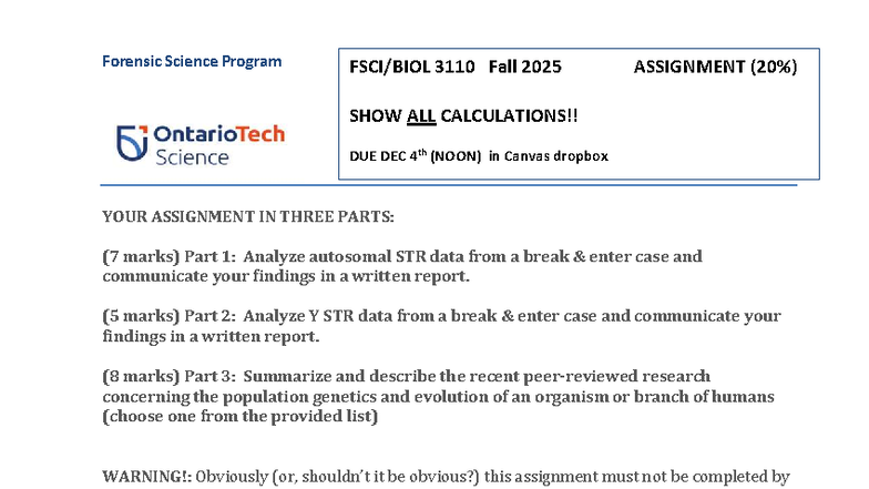Forensic Science Program 3110 Fall 2025 Assignment: STR Analysis ...