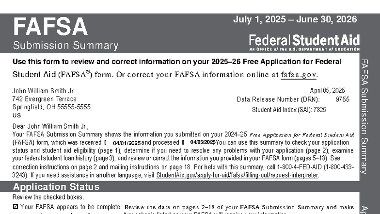 FAFSA Submission Summary for 2025-2026: John W. Smith Jr. - Studocu