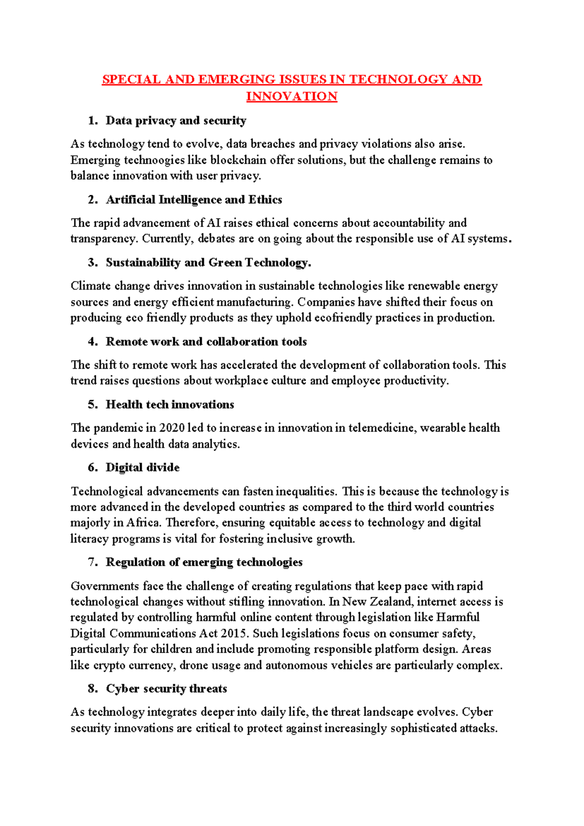 BBA 204 Assignment - Special & Emerging Issues in Tech & Innovation - Studocu