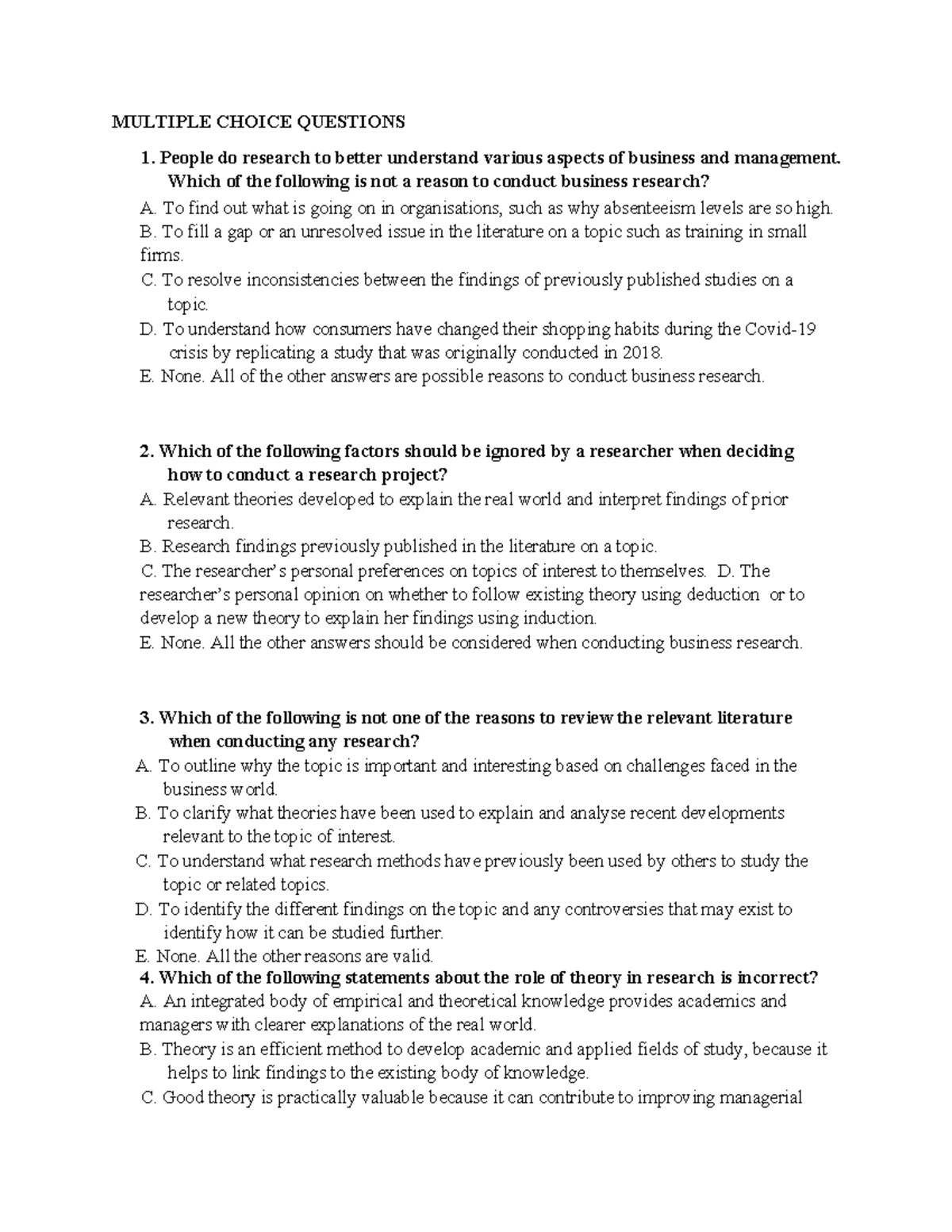 Multiple Choice Questions Exam Prep for Business Research 101 - Studocu