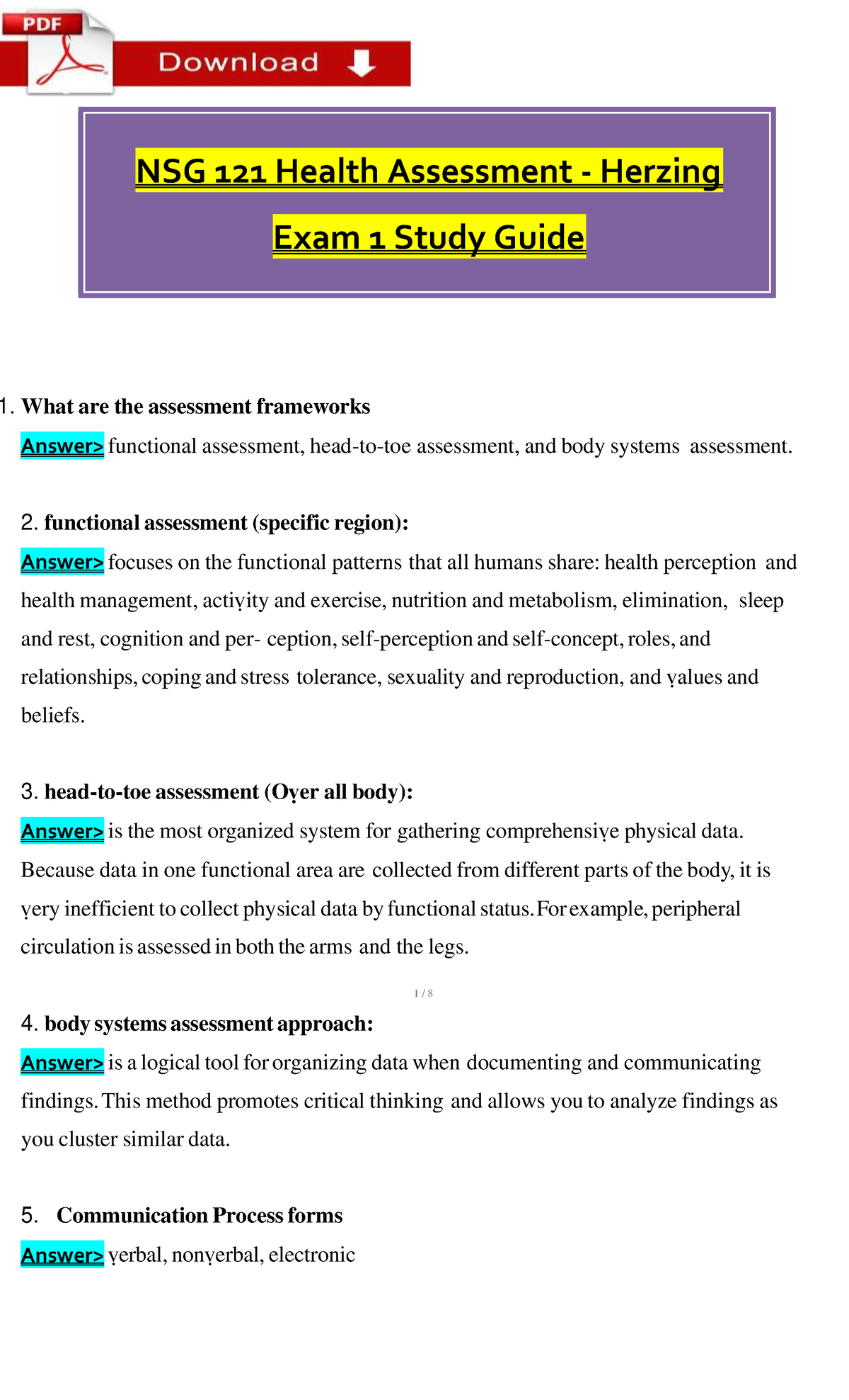 NSG 121 Health Assessment Exam 1 Comprehensive Study Guide - Studocu