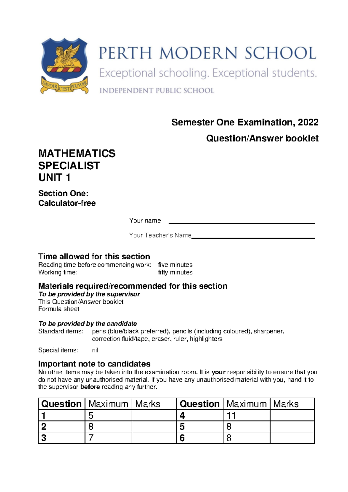 PMS 2022 YR11 MATHEMATICS SPECIALIST UNIT 1 Final Exam - Studocu