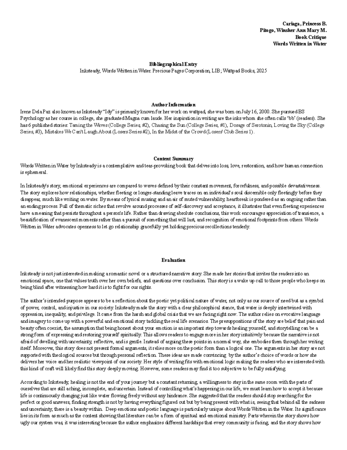 Book Critique: Analyzing "Words Written in Water" by Inksteady - Studocu