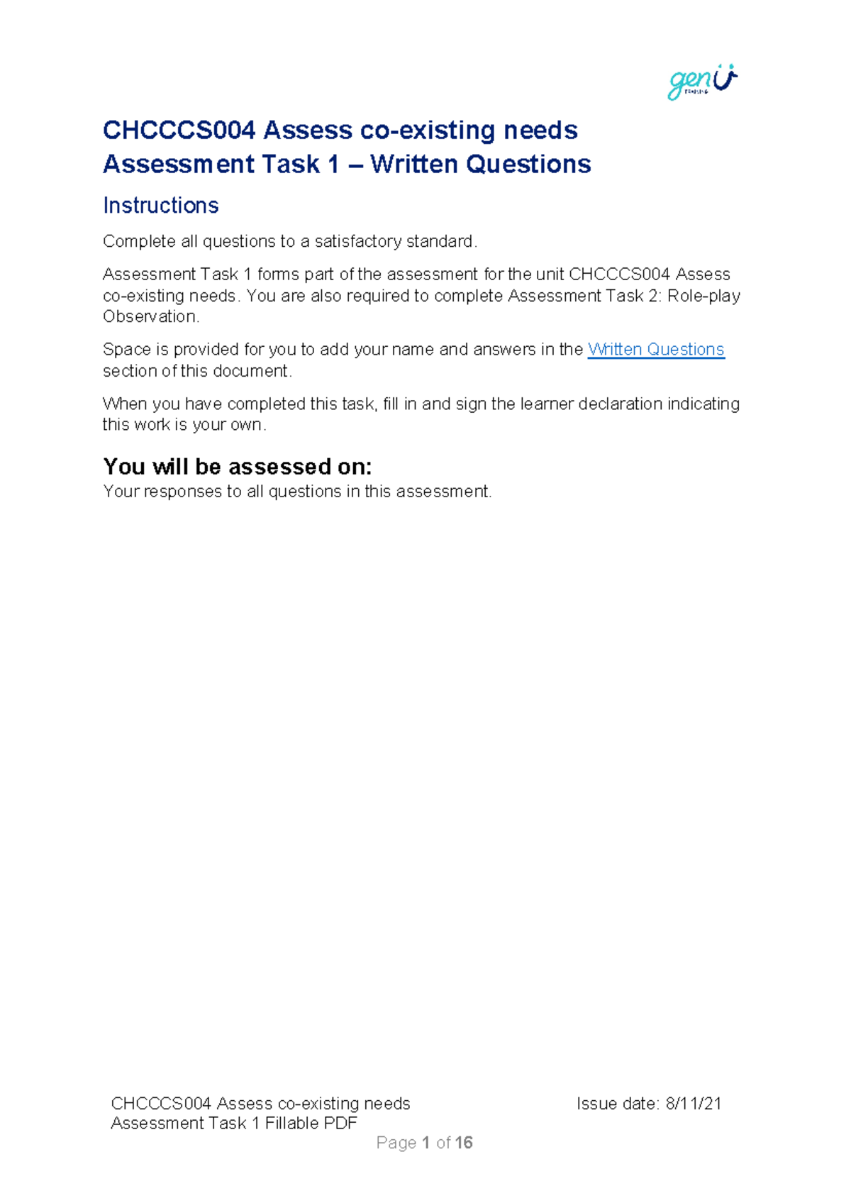 CHCCCS004 Assessment Task 1: Co-existing Needs Written Questions PDF ...