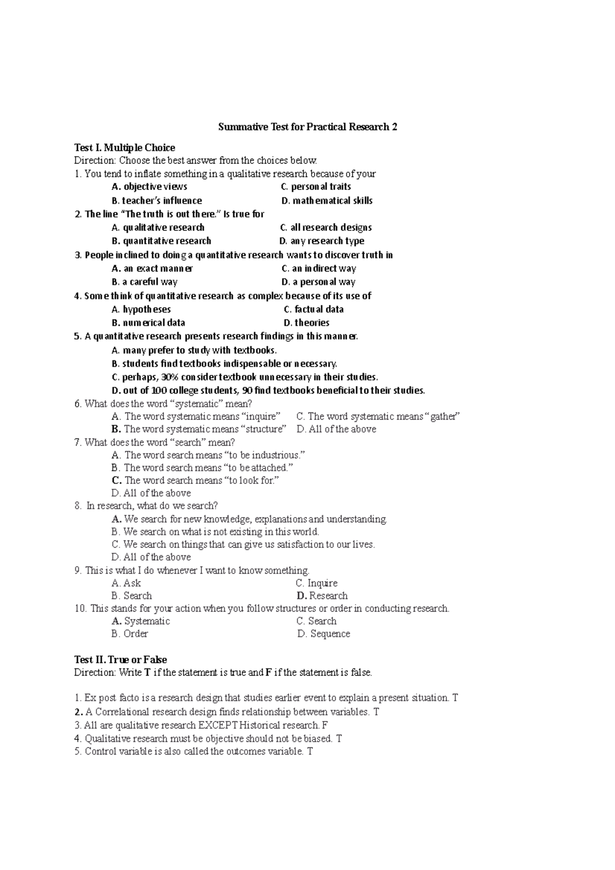 Summative Test for Practical Research 2 (PR 2) - Multiple Choice ...