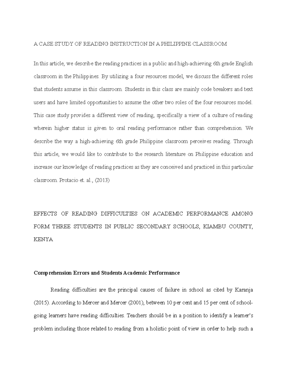 Case Study of Reading Instruction in PH 6th Grade Classrooms - Studocu