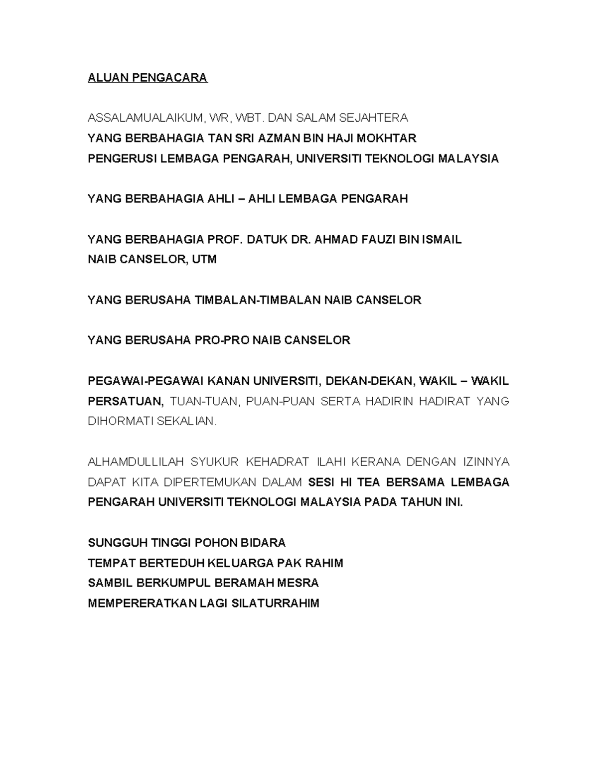 Skrip Emcee Hi Tea LPU - Universiti Teknologi Malaysia 2024 - Studocu