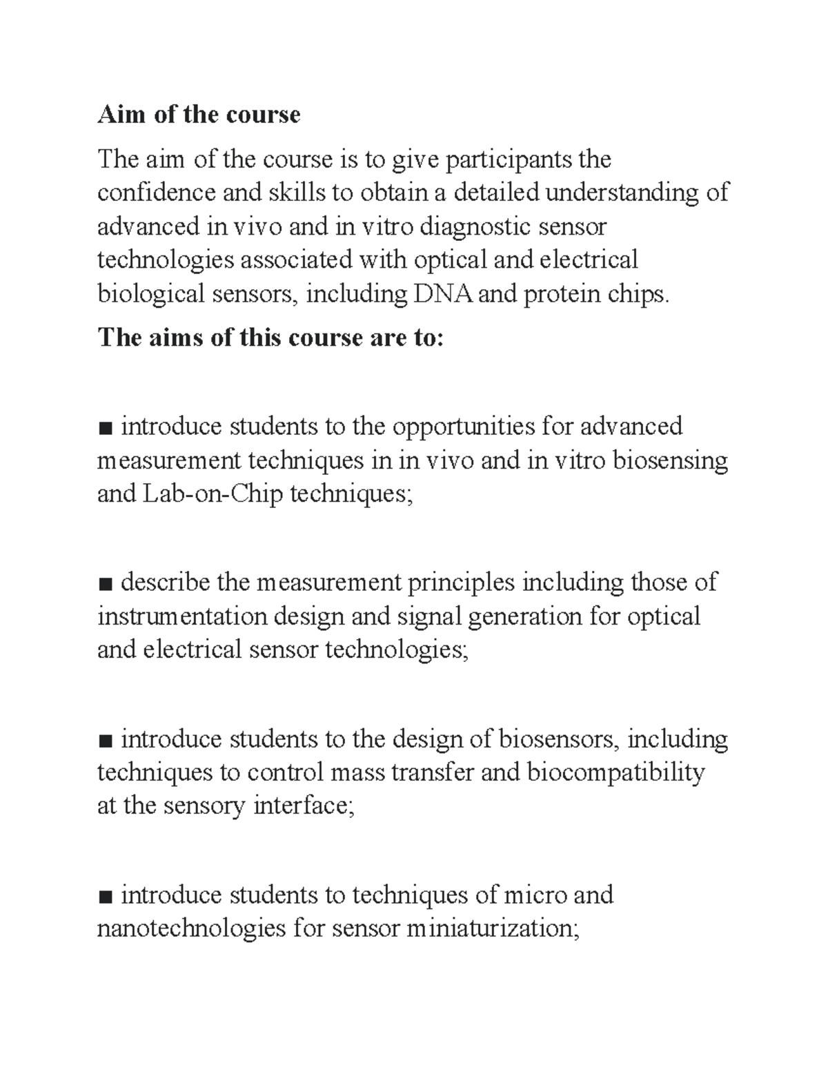 Advanced Biosensor Technologies: Lecture Summary (Course Code: BIOS 101 ...