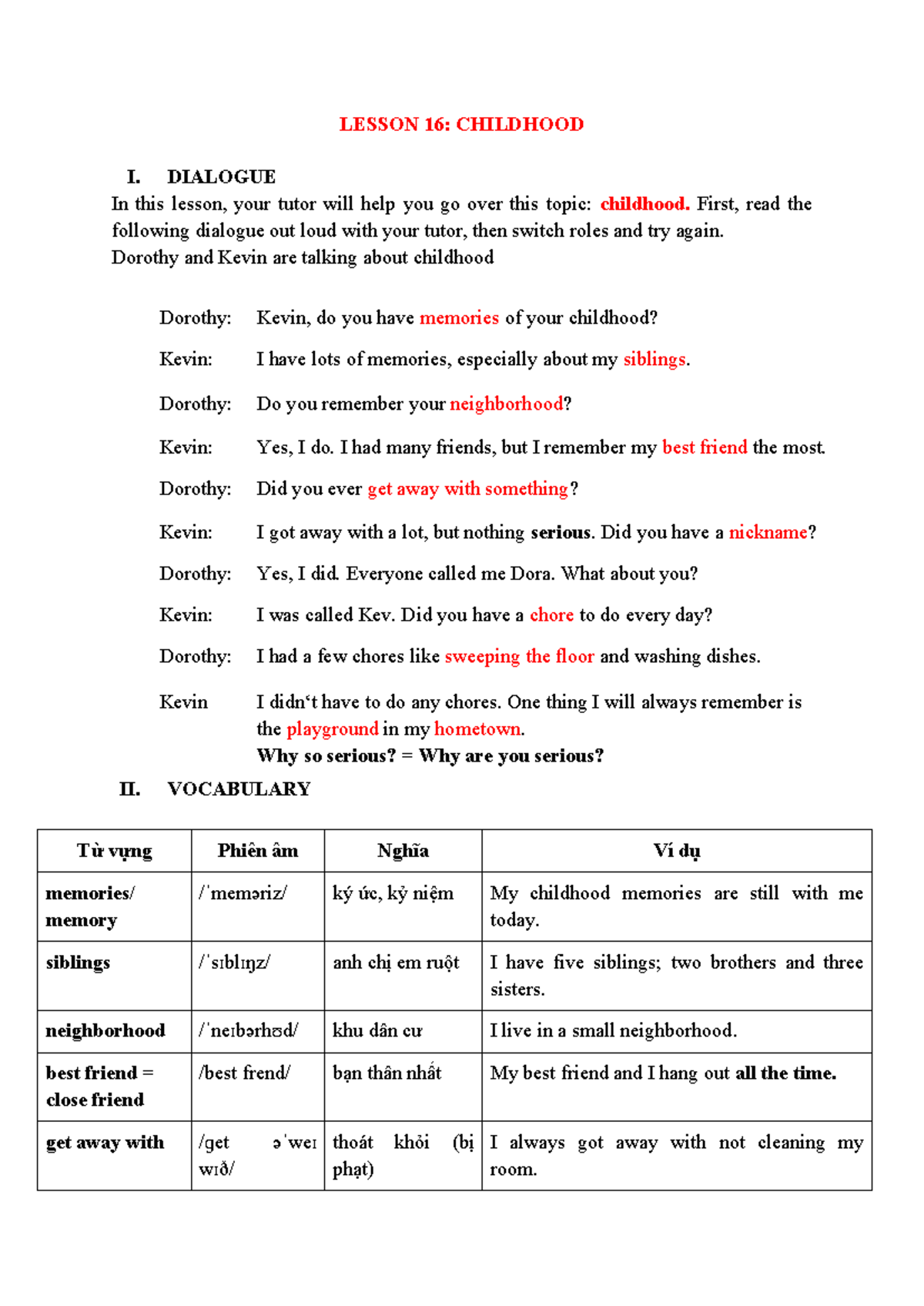 Lesson 16: Childhood Dialogue and Vocabulary Insights - Studocu