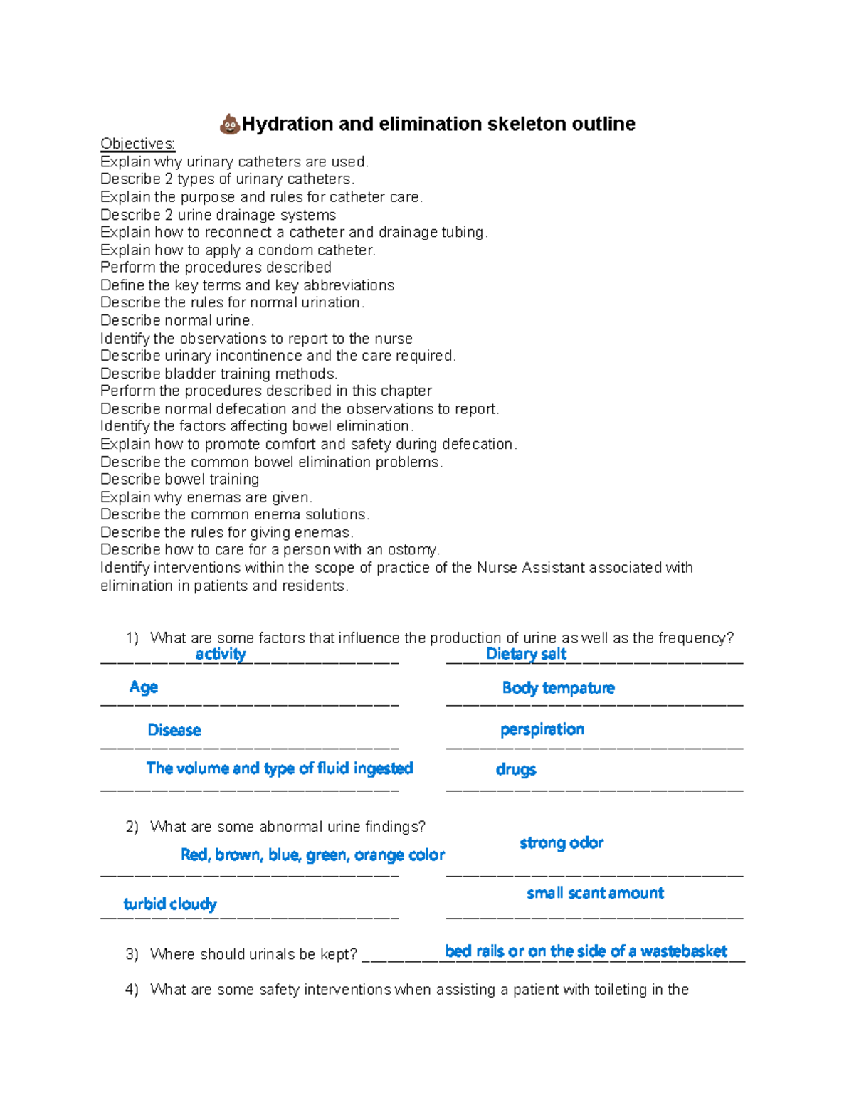 Hydration and Elimination: A Nurse Assistant's Guide (NUR 101) - Studocu