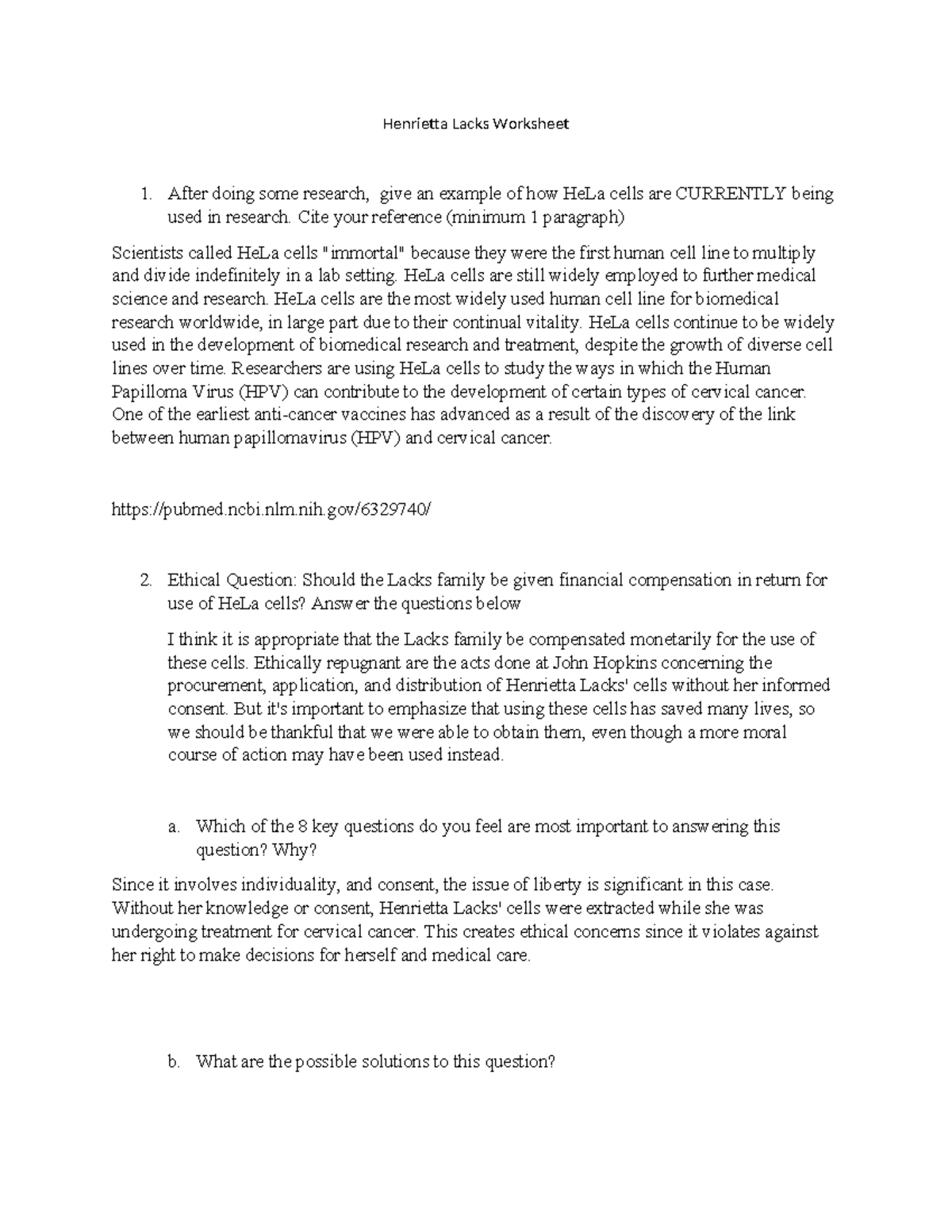 Henrietta Lacks Worksheet: Ethics & HeLa Cells in Research - Studocu