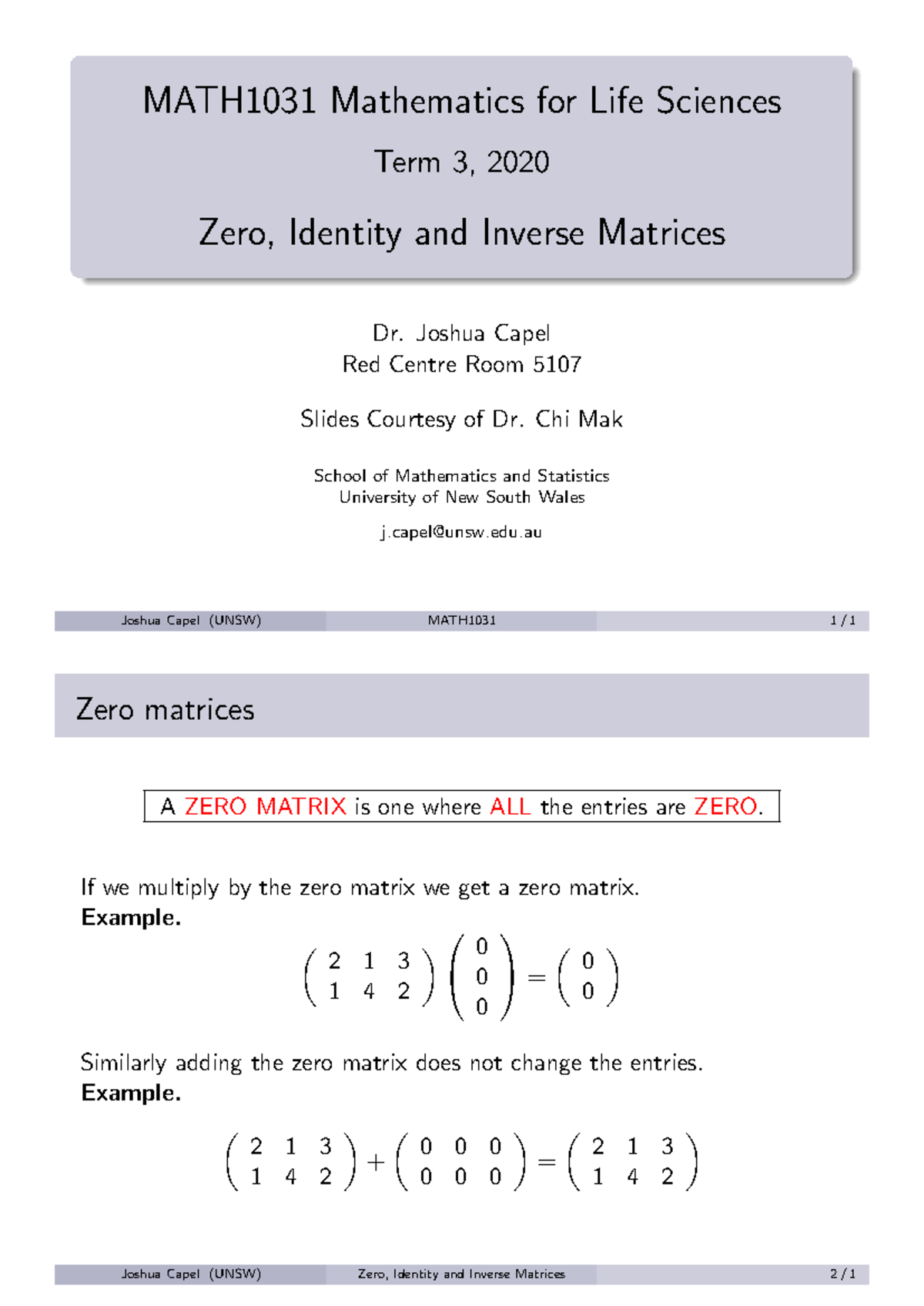 TOPIC: 04 Zero And Inverse SV LECTURE4 - MATH1031 Mathematics for Life ...