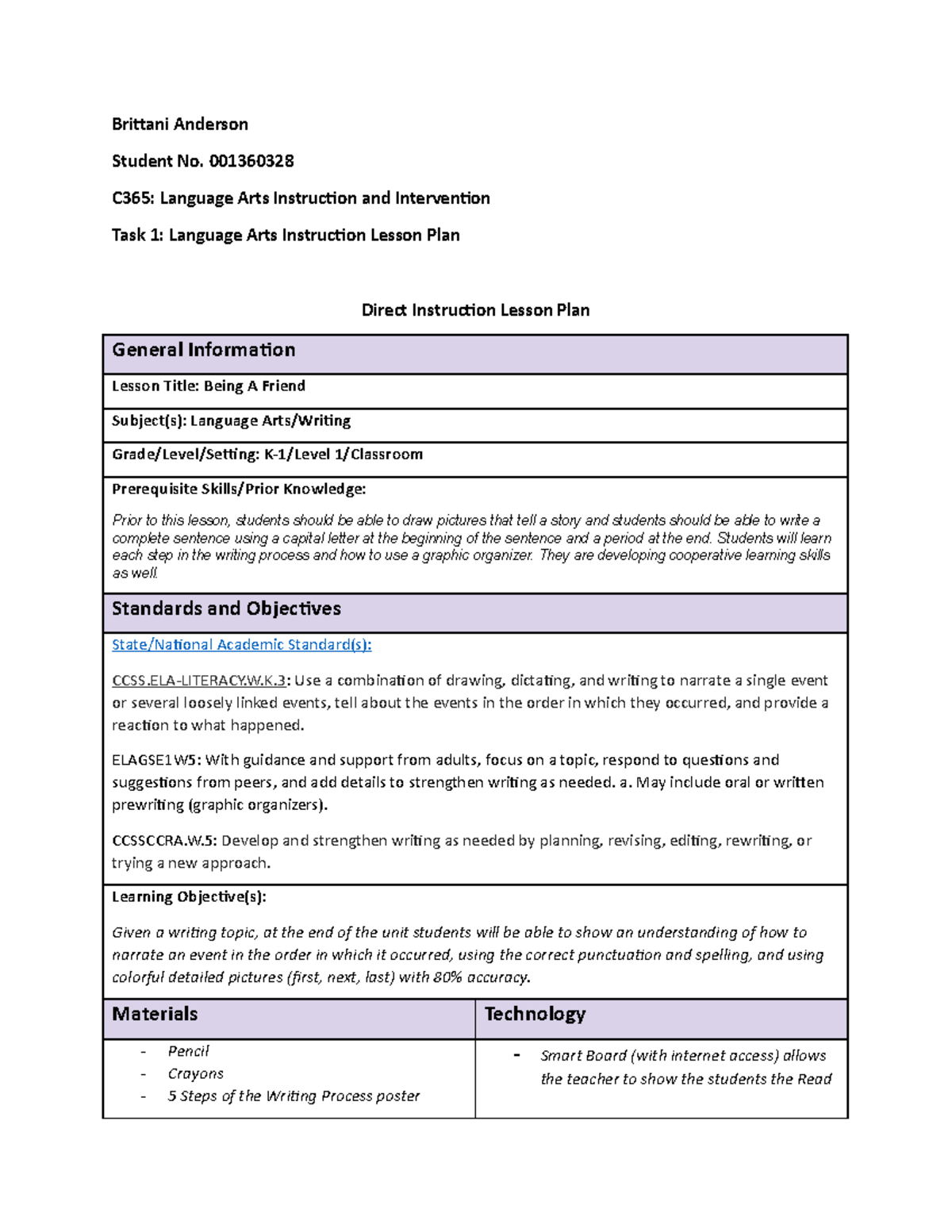 C365 Task 1 LA Lesson Plan - Brittani Anderson Student No. 001360328 ...