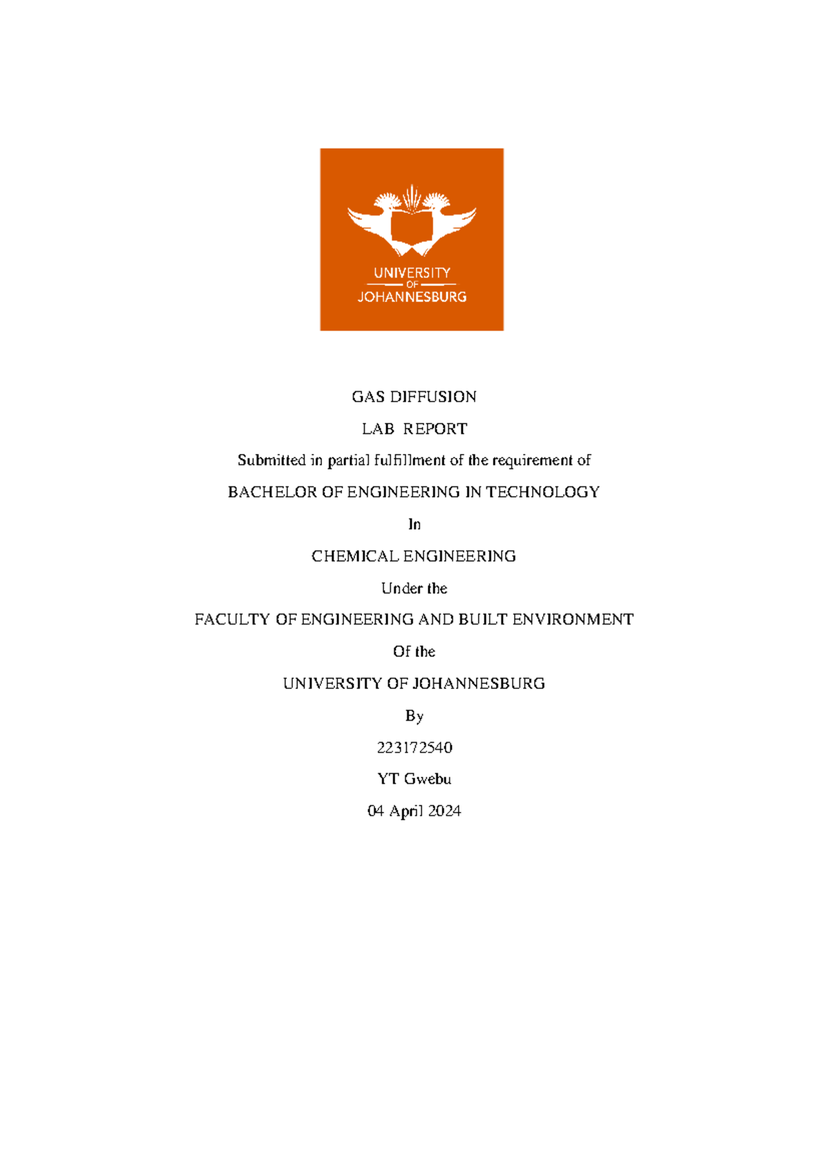 Gas Diffusion Lab Report: Acetone's Coefficient Analysis in Eng 2023 ...