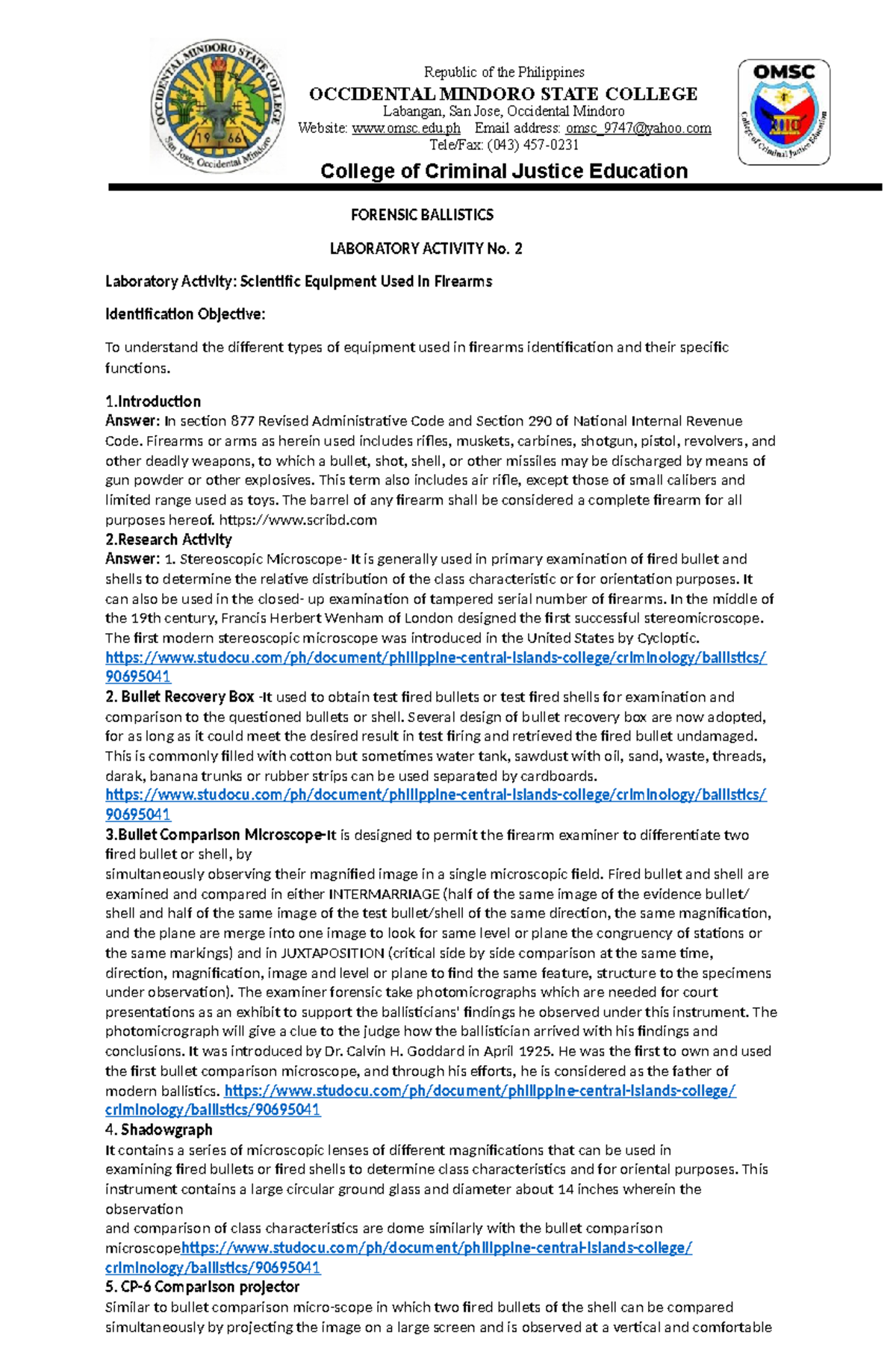 FBL2: Forensic Ballistics Laboratory Activity No. 2 - Equipment ...