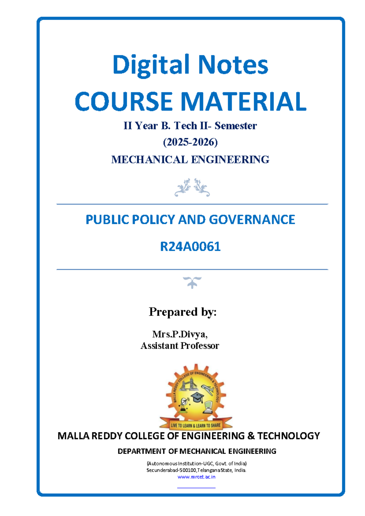 Public Policy and Governance Notes for MECH II Year B. Tech (R24A0061 ...