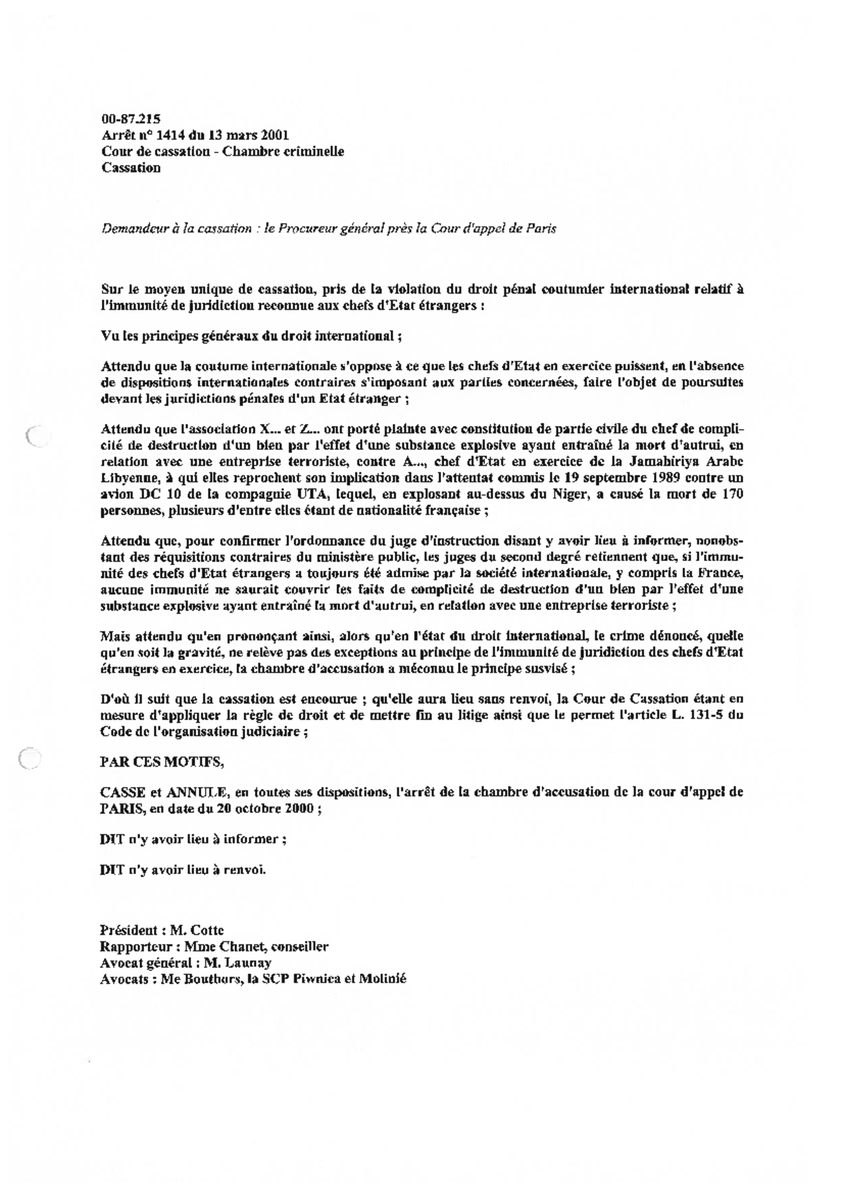 ME FR JN 0382 - Arrêt 1414 du 13 mars 2001 - Cassation Criminelle - Studocu
