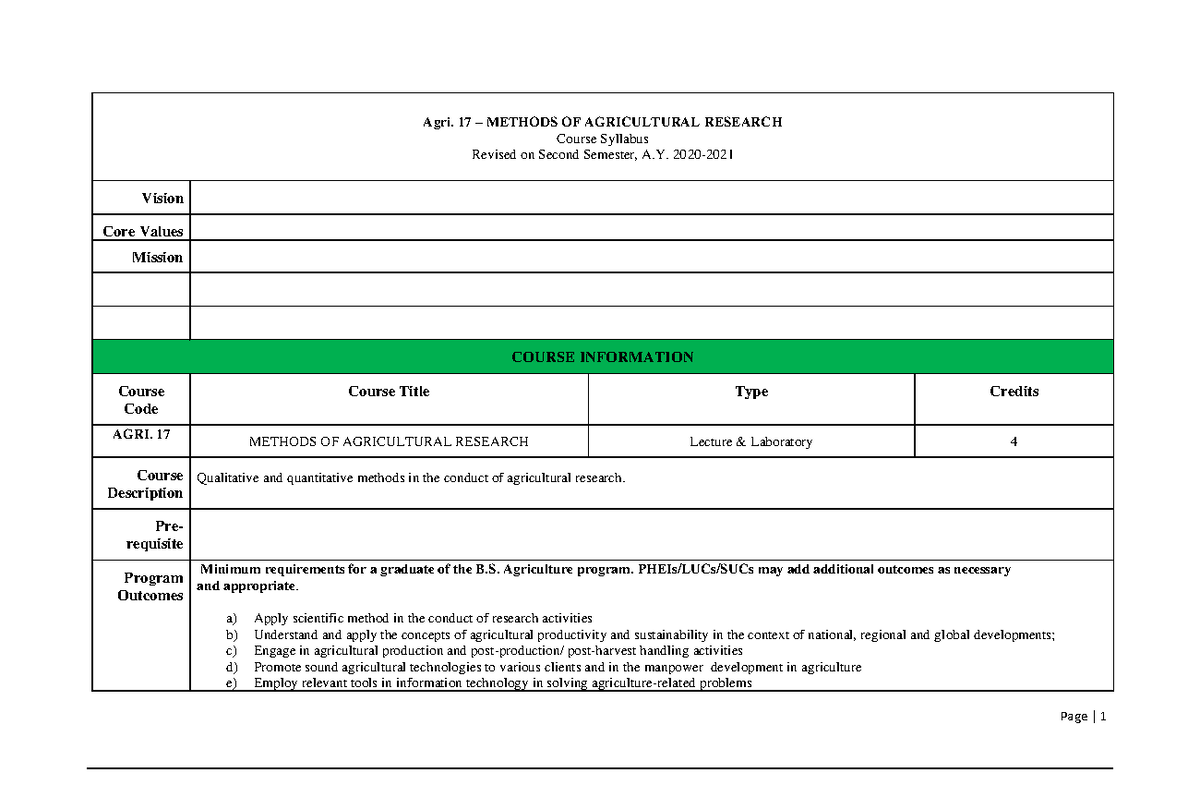 Methods of Agricultural Research (AGRI. 17) - Course Syllabus Overview ...