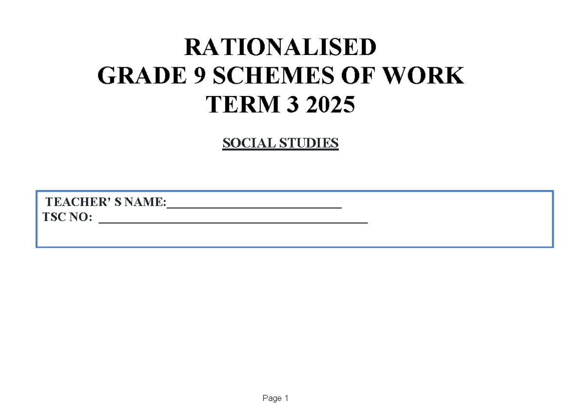 G9 SST Term 3 2025 Schemes of Work: Social Studies Overview - Studocu