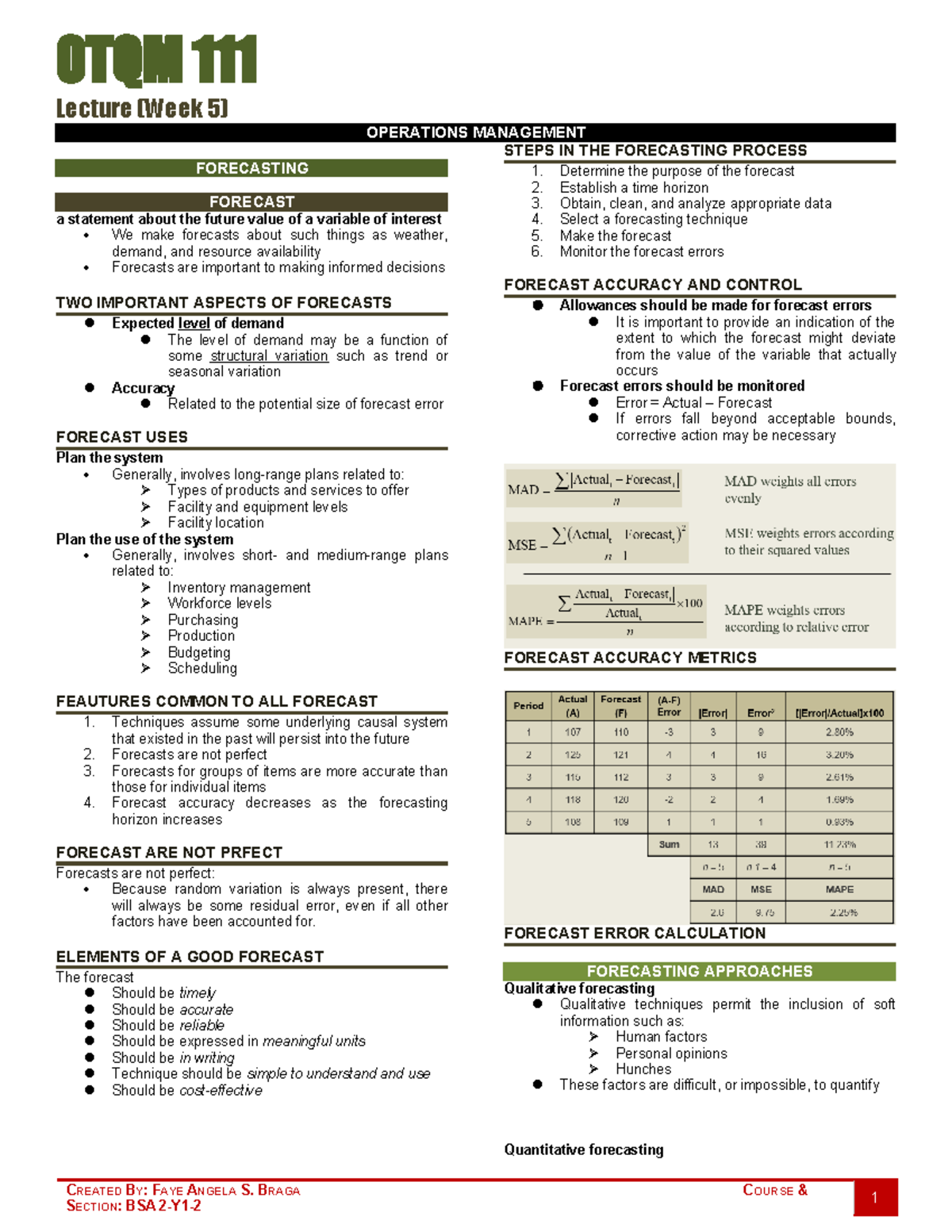 OTQM 111 Week 5 Lecture: Forecasting in Operations Management - Studocu