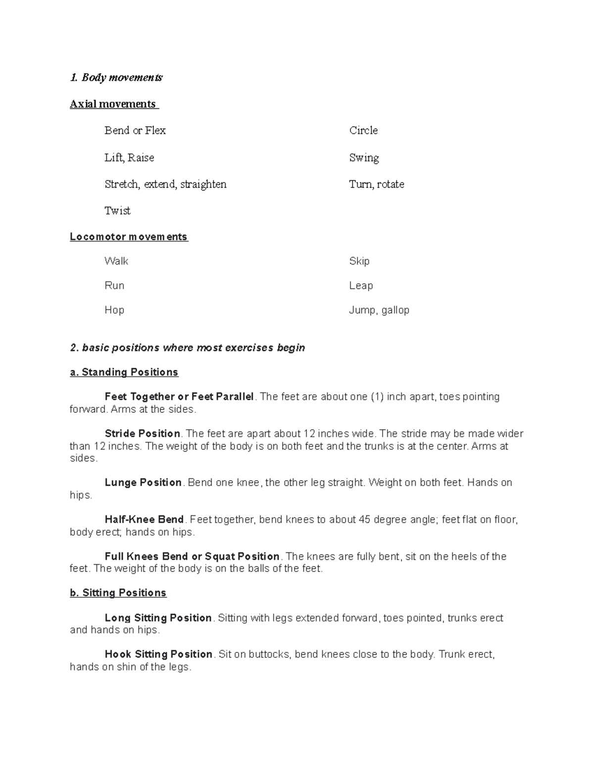 PE - Body Movements & Basic Starting Positions for Exercises - Studocu