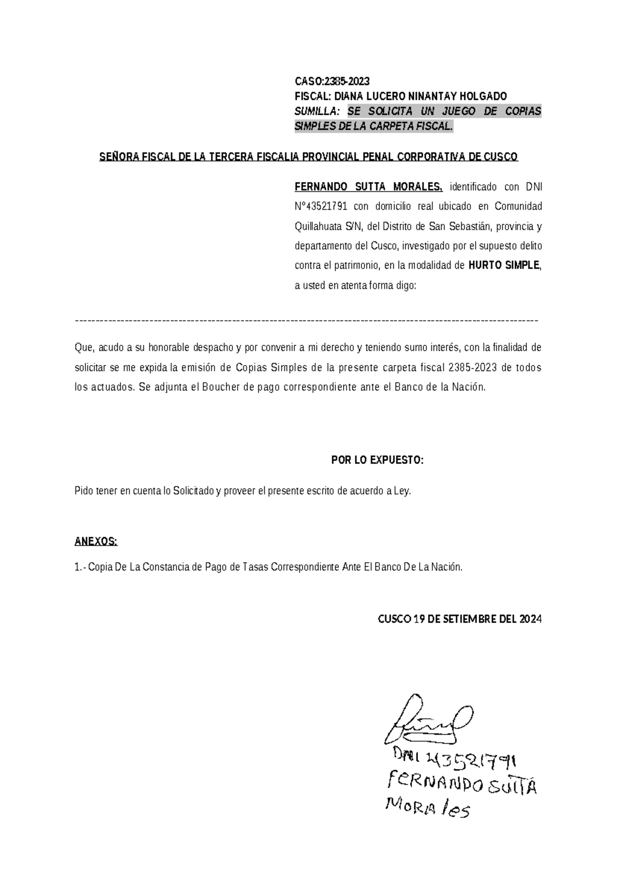 Solicitud de Copias Simples al Ministerio Público - Caso 2385-2023 ...