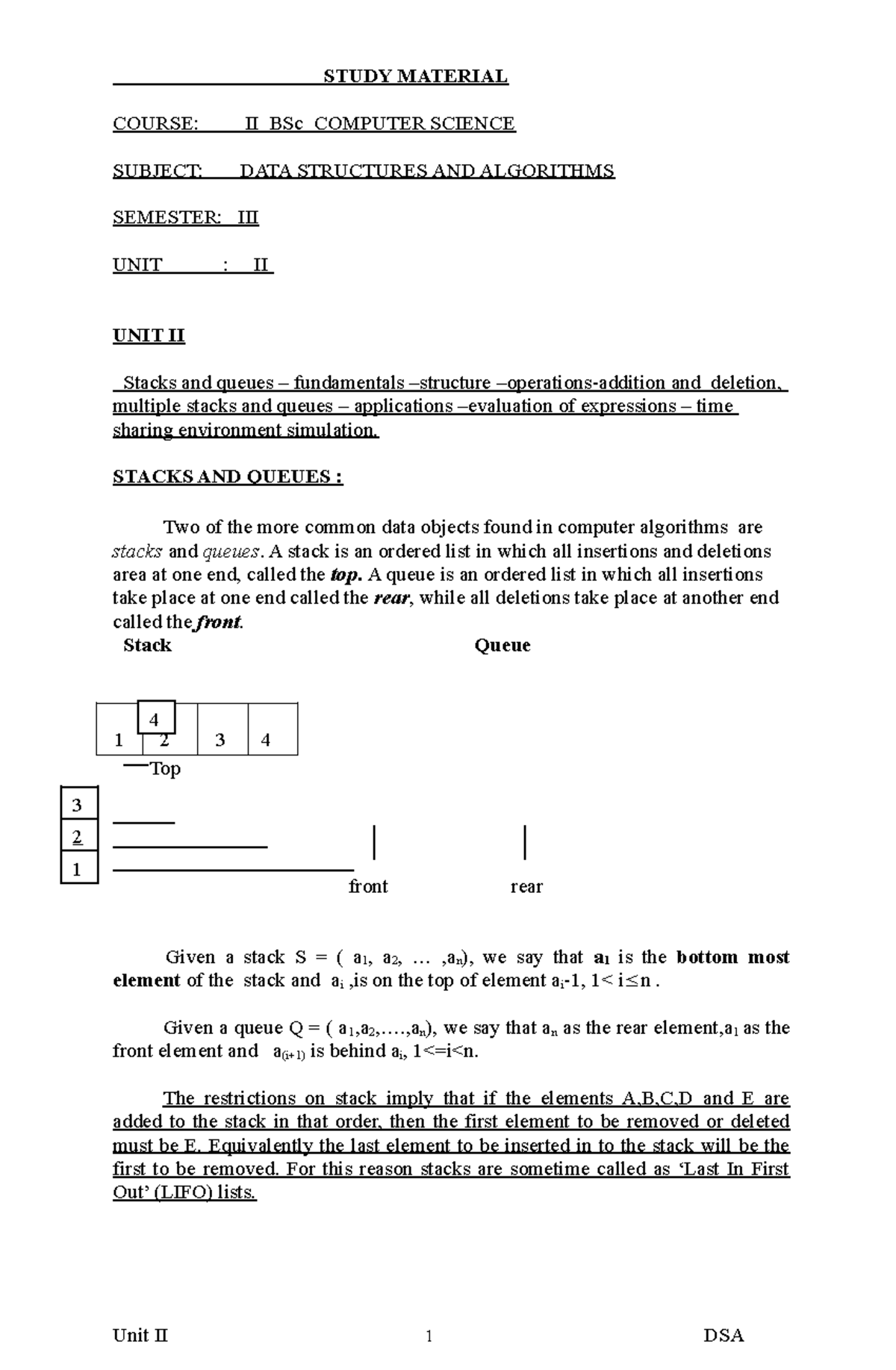 DS-Unit 2 - Stacks and Queues Overview for Data Structures & Algorithms - Studocu