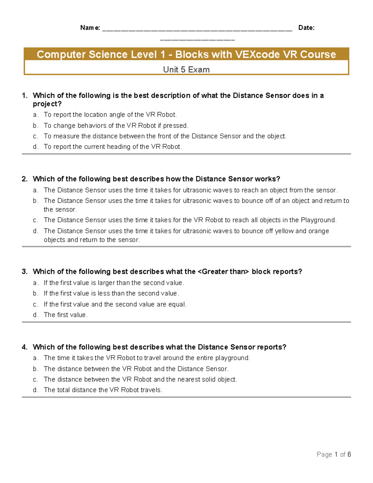 VR - Blocks - Unit 5 Exam - Document from student reference - Name ...