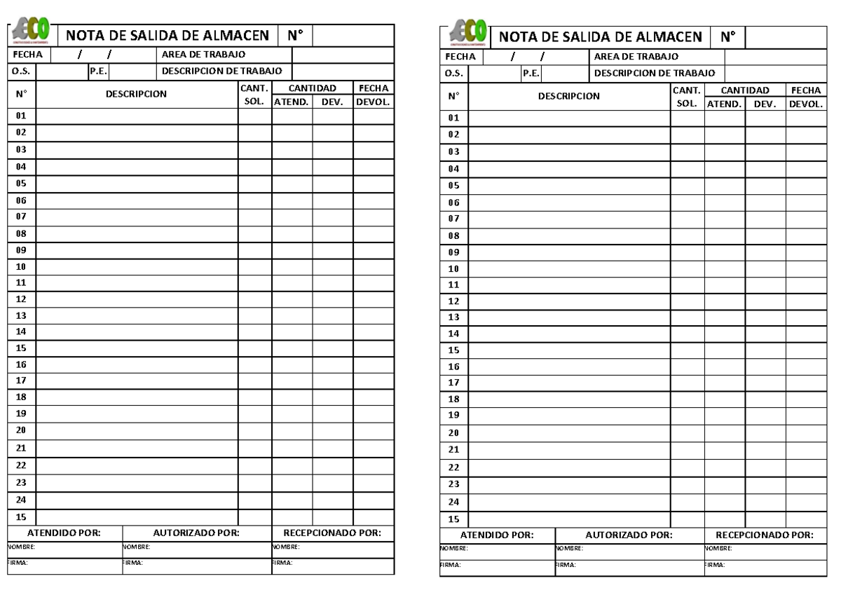 NOTA DE Salida DE Almacen - FECHA / / AREA DE TRABAJO O. P. DESCRIPCION ...