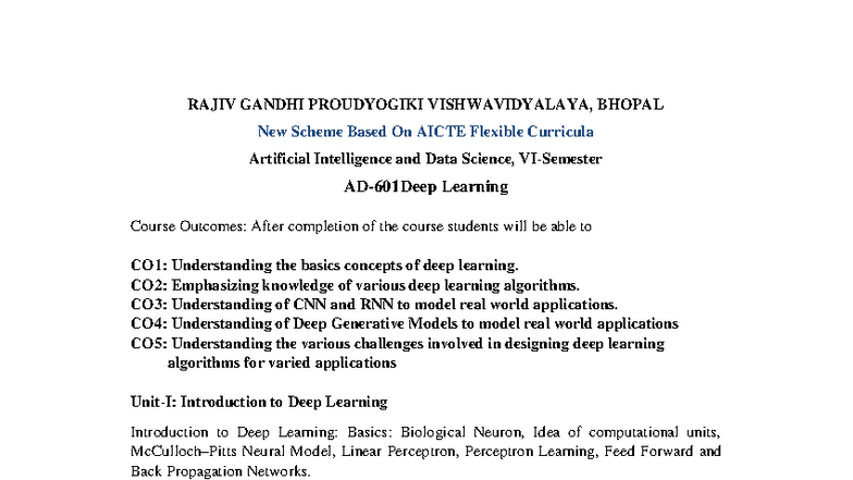 AD 601 Deep Learning - Comprehensive Course Notes - Studocu