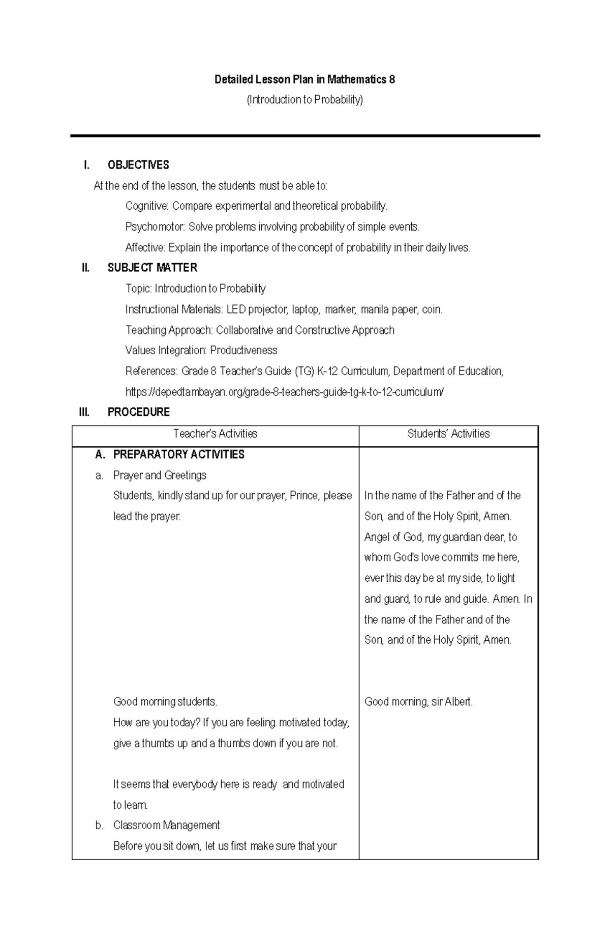 Detailed Lesson Plan (Mathematics 8): Intro to Probability - Studocu