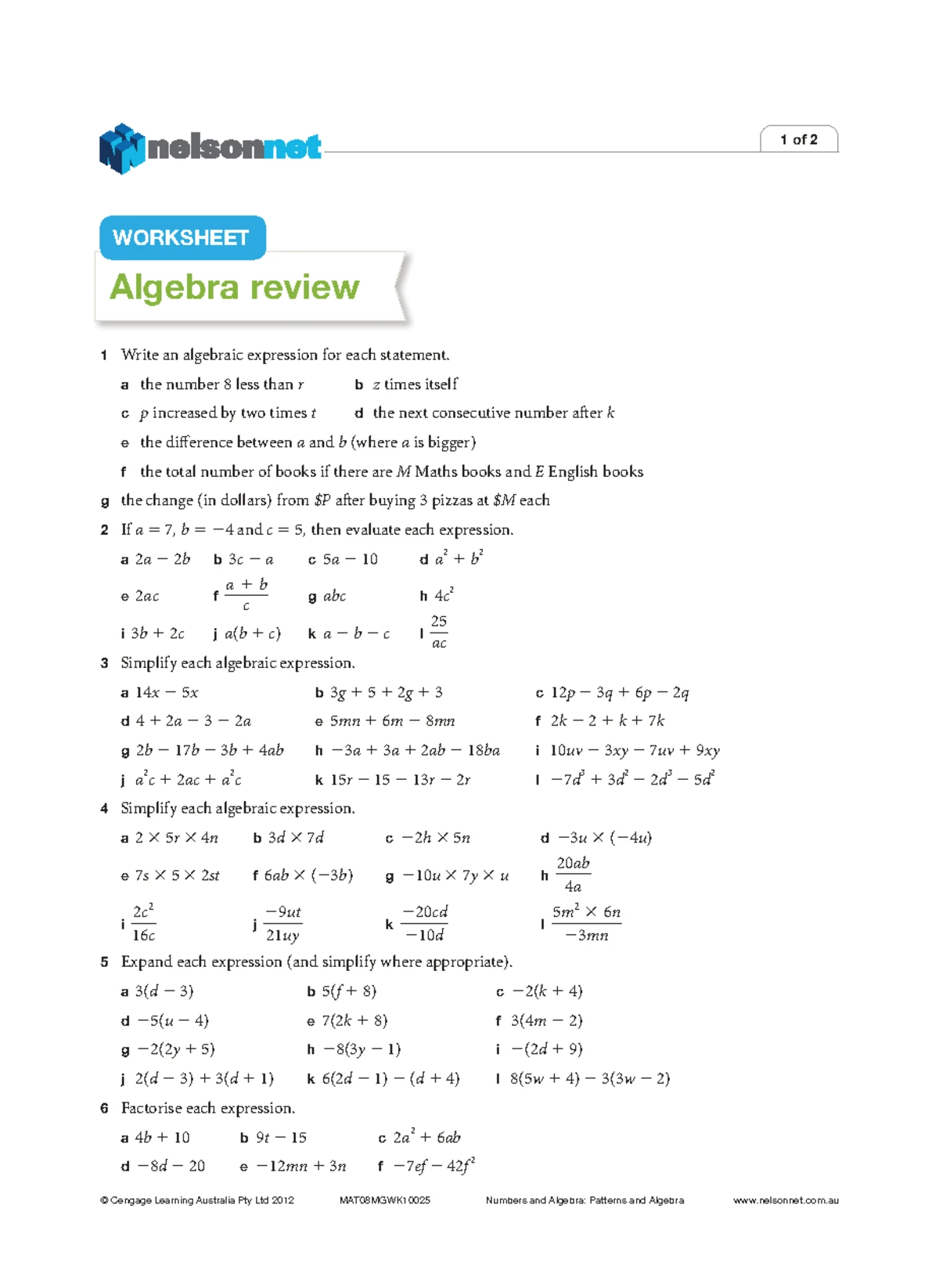 Year 8 Mathematics Algebra Practice Test 1 - Studocu