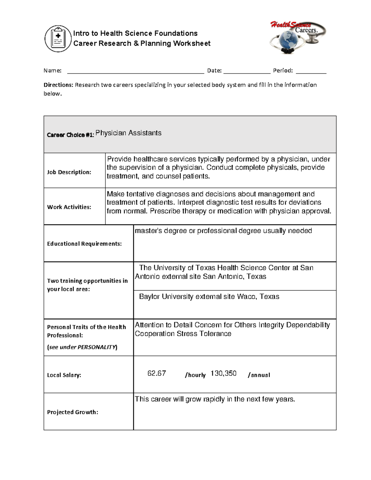 Career Research & Planning Worksheet - Intro to Health Science ...