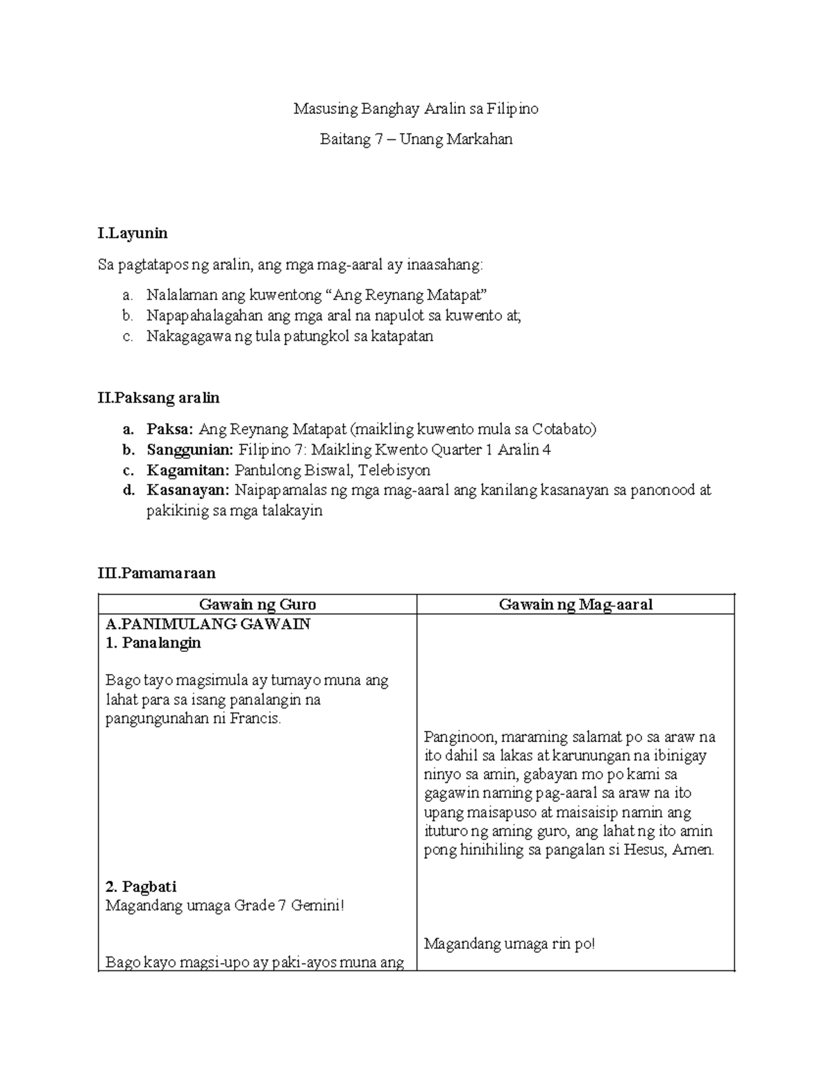 Masusing Banghay Aralin sa Filipino 7: Unang Markahan - Studocu