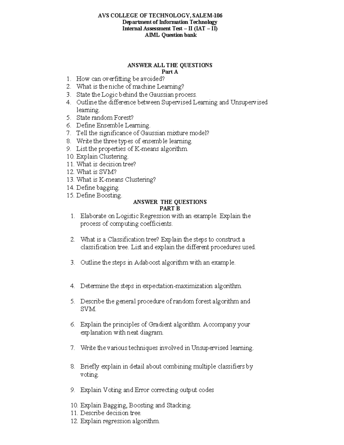 AIML IAT II Question Bank: Key Concepts & Techniques - Studocu