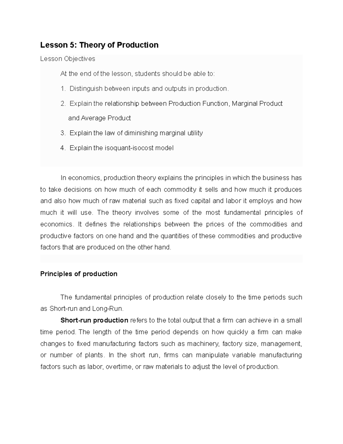 Lesson 5 Theory of Production - Lesson 5: Theory of Production Lesson ...