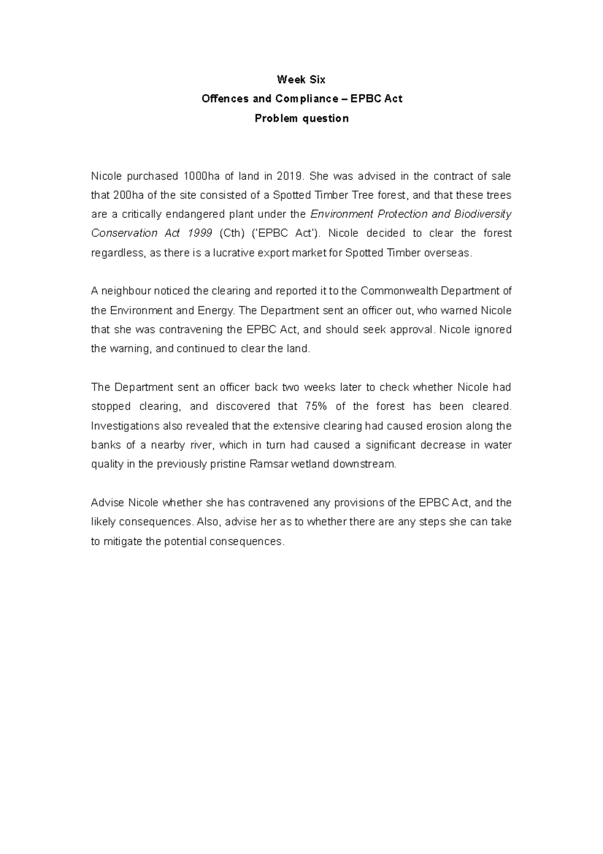 Questions - Week Six Offences and Compliance – EPBC Act Problem ...