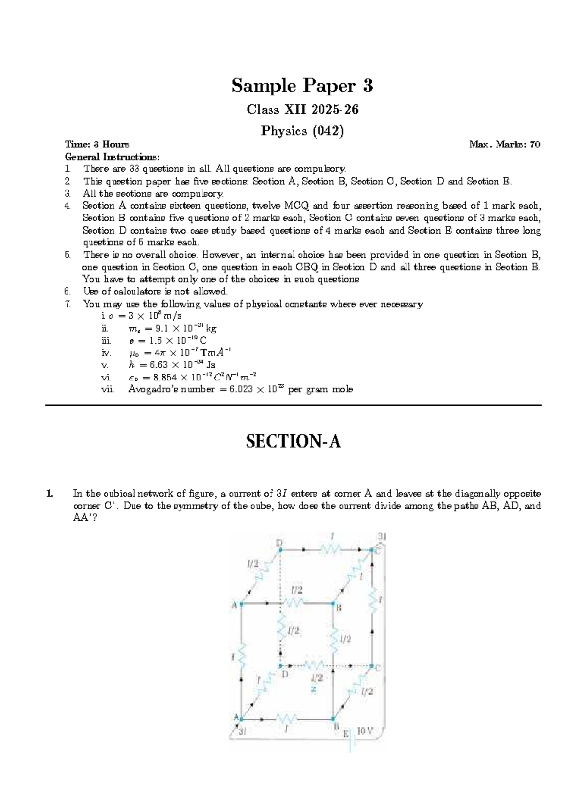 Sample Paper 3 for Class XII Physics (042) - CBSE 2026 - Studocu