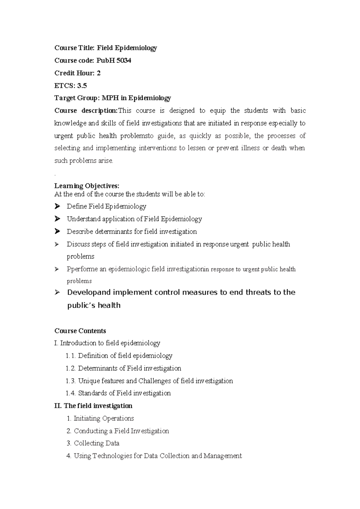 PubH 5034: Field Epidemiology - Course Outline and Learning Objectives ...
