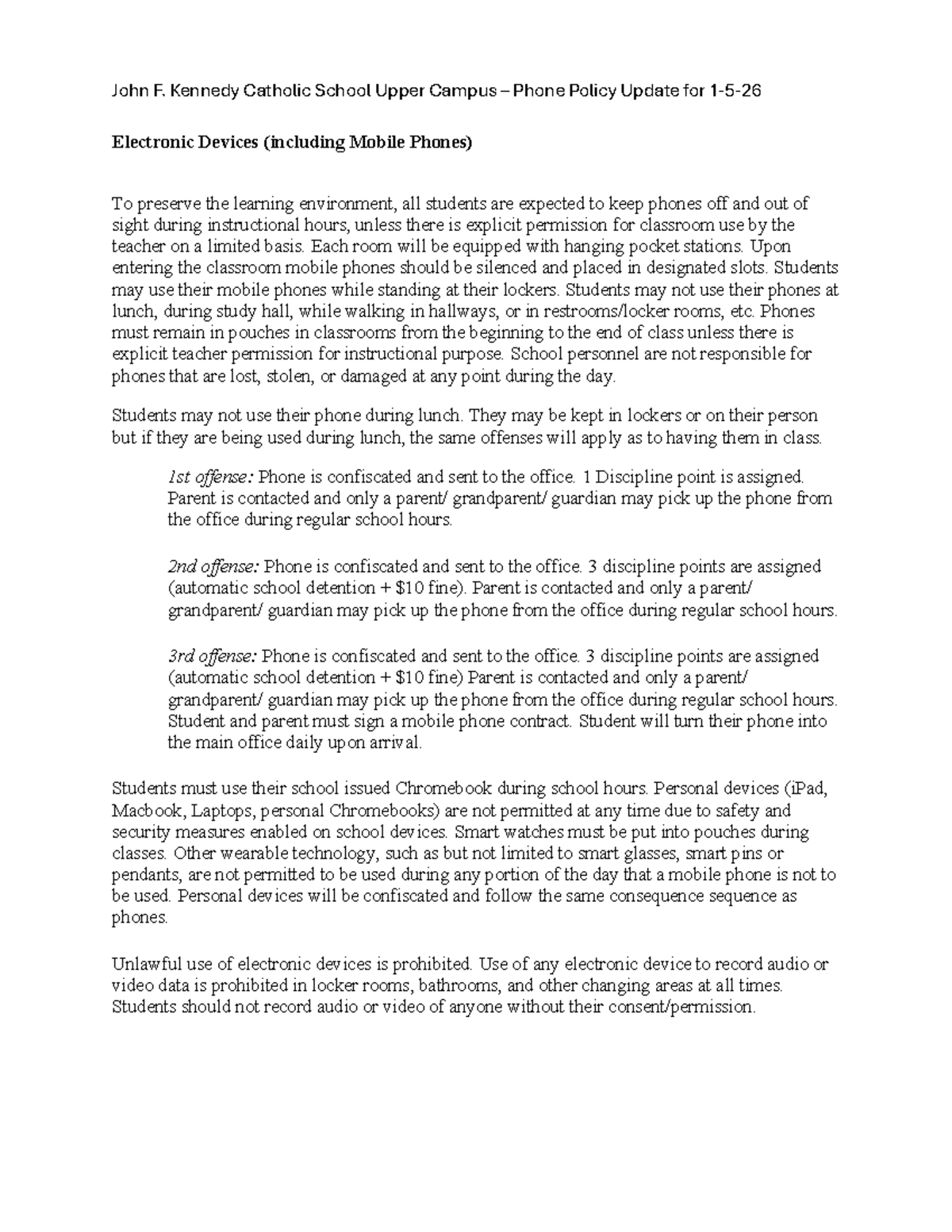 JFKCS-UC Updated Cell Phone Policy for Students (1-5-26) - Studocu