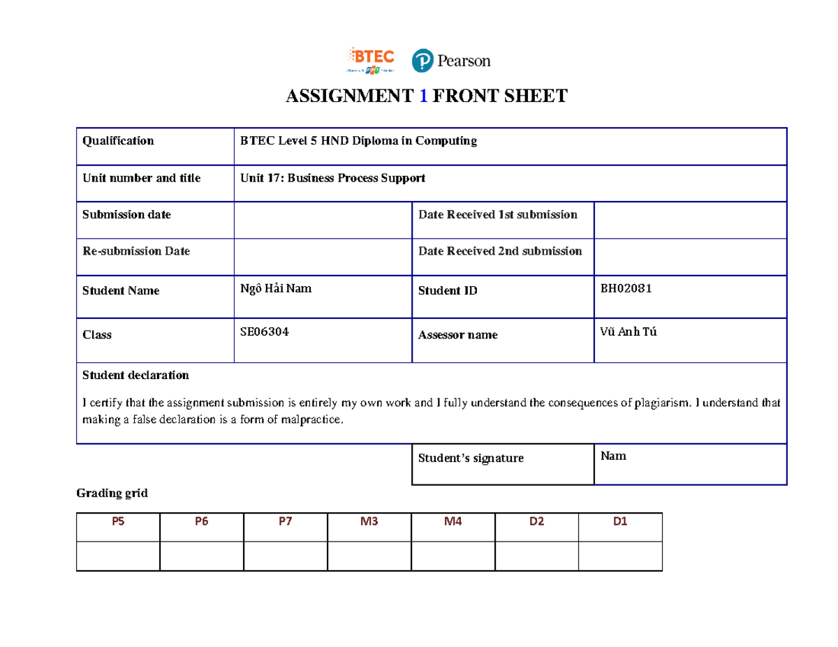 ASM PART2 BPS Ngo Hai Nam BH02081 - ASSIGNMENT 1 FRONT SHEET Qualification BTEC Level 5 HND ...