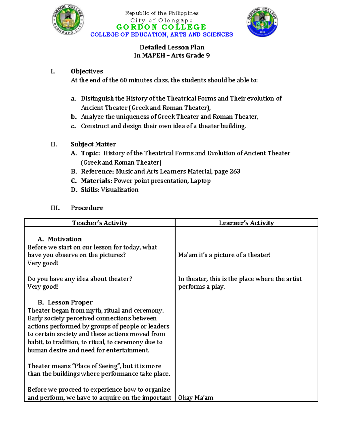 Detailed Lesson Plan: Ancient Theater in MAPEH Arts (Grade 9) - Studocu