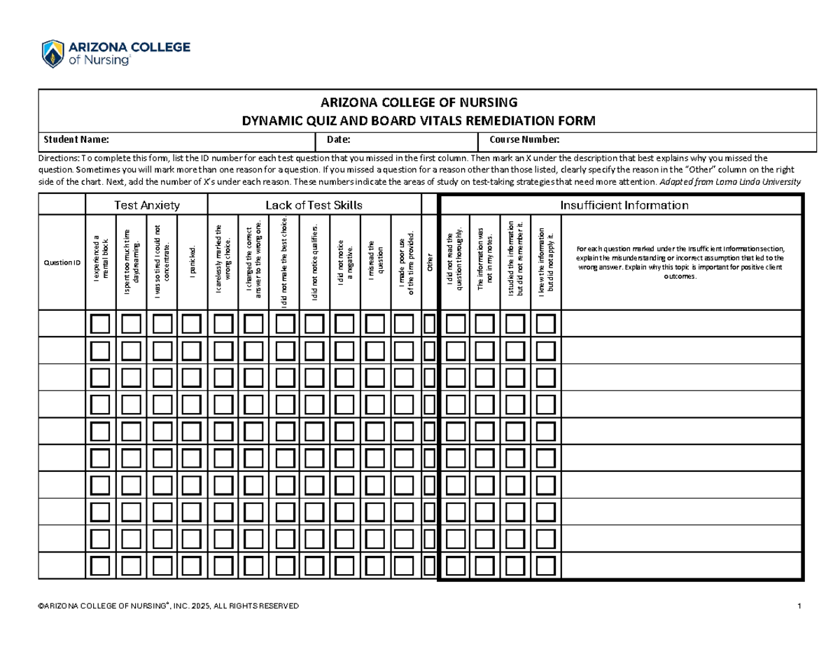 AZCN Dynamic Quiz & Board Vitals Remediation Form - Studocu