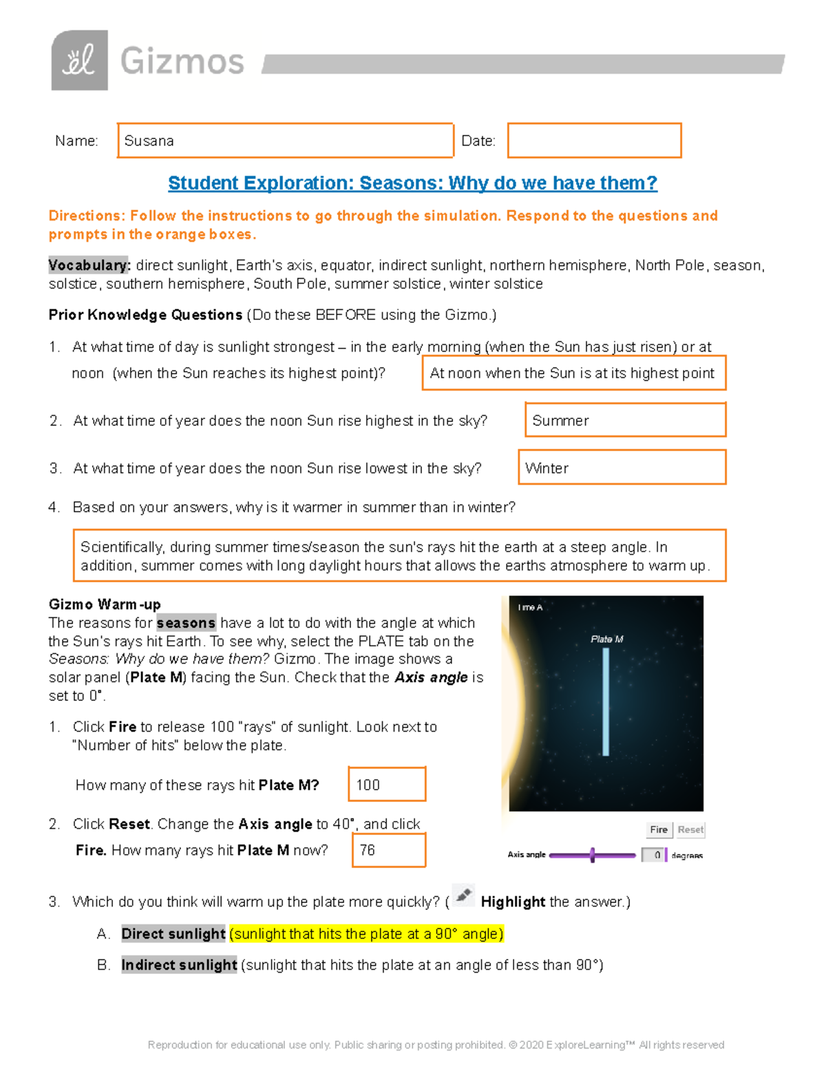 Seasons Gizmo Exploration: Understanding Earth's Sunlight Variations ...
