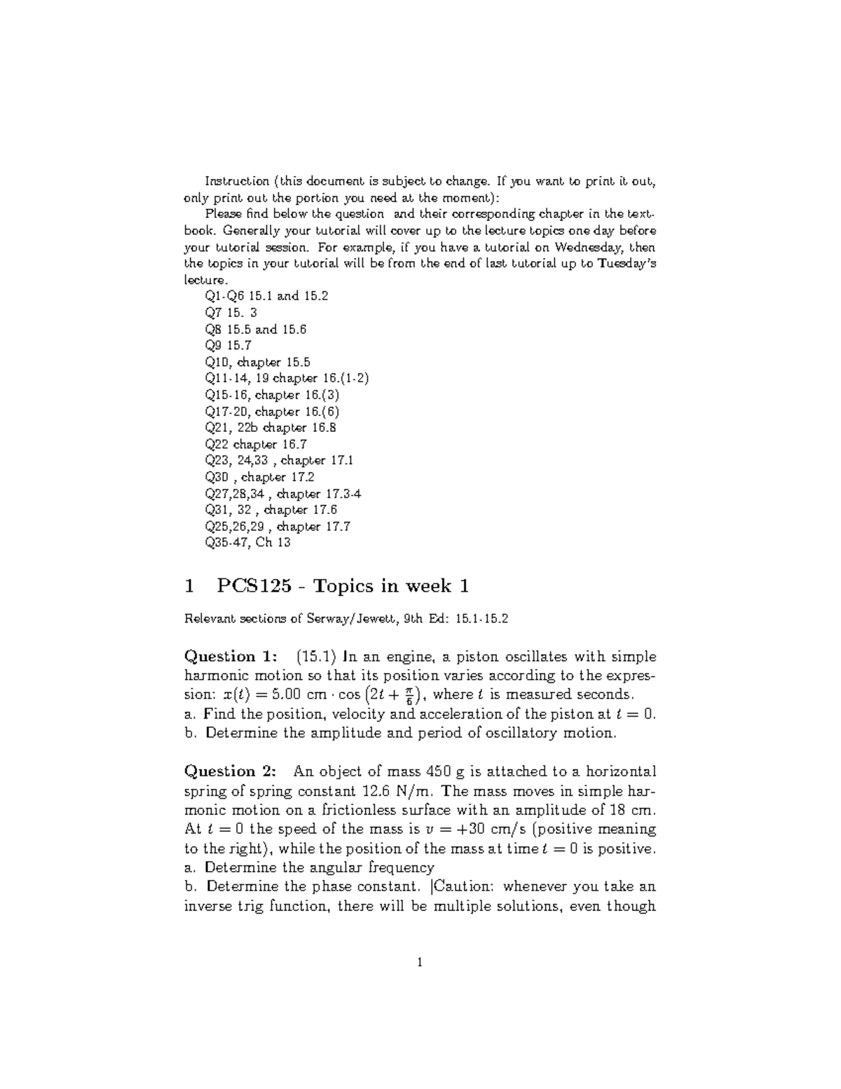 PCS125 Tutorial Questions: Wave Mechanics and Harmonic Motion - Studocu